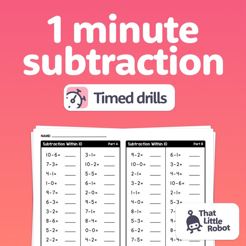 No Prep 1 Minute Subtraction Drills | Kindergarten, 1st, 2nd Grade Math ...