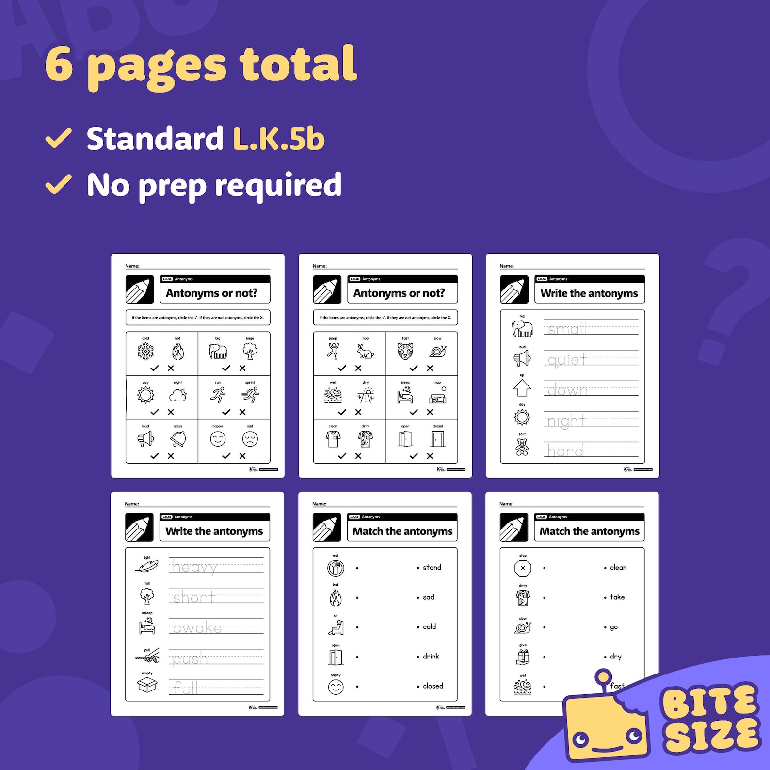 Antonyms Worksheets & Centers | Kindergarten Vocabulary (opposites ...