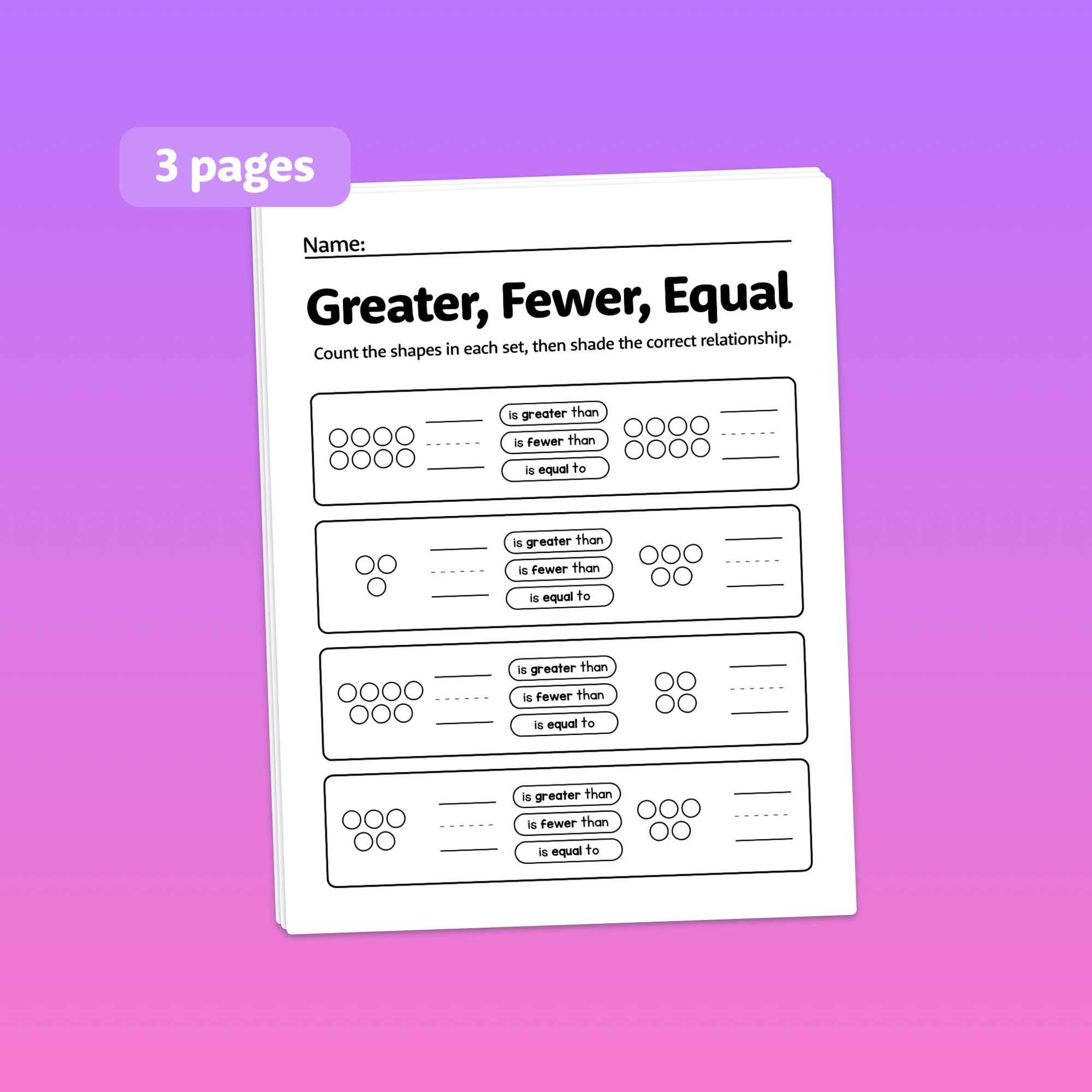 Kindergarten Comparing Numbers Worksheets More Less Same / Greater ...