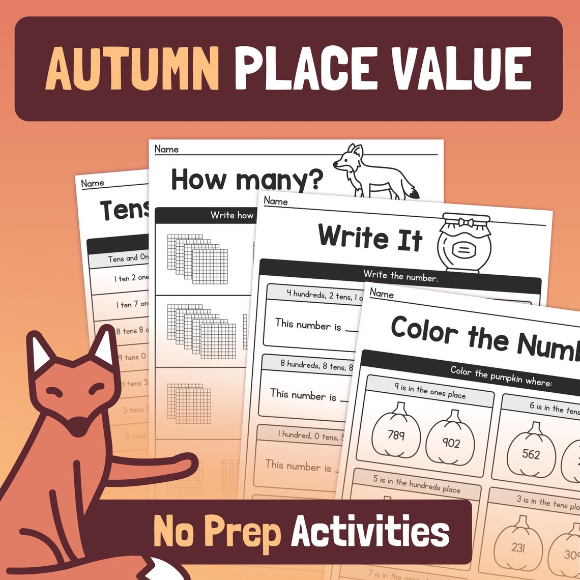 Fall Place Value Worksheets 1st 2nd 3rd Grade Hundreds - Etsy