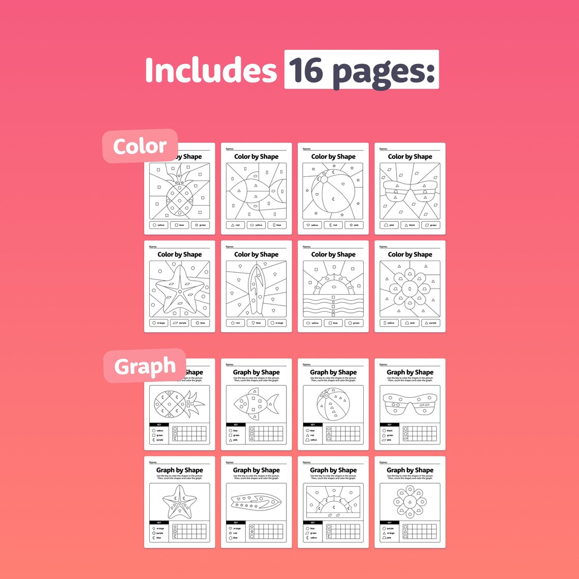 Summer Shapes Worksheets - Color and Graph | Summer 1st Grade & 2nd ...