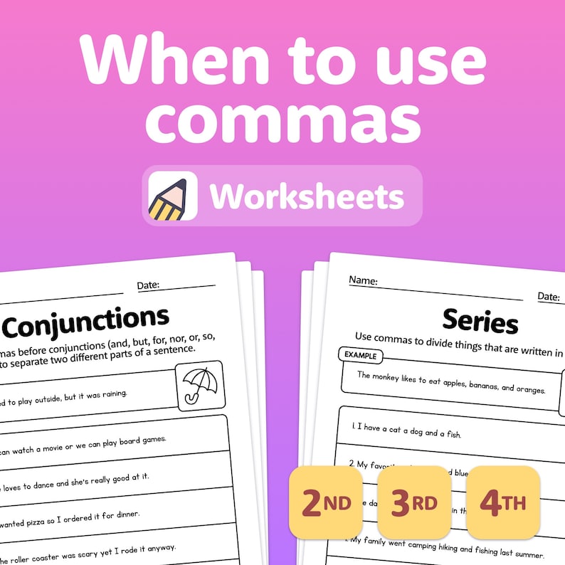 Commas Worksheets | 2nd, 3rd, & 4th Grade Comma Activities, ELA Grammar ...