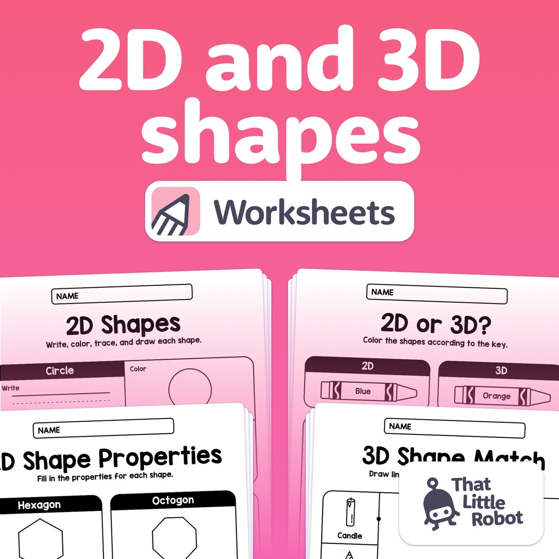 No Prep 2D and 3D Shapes Worksheets Kindergarten, 2nd, 1st Grade Math ...