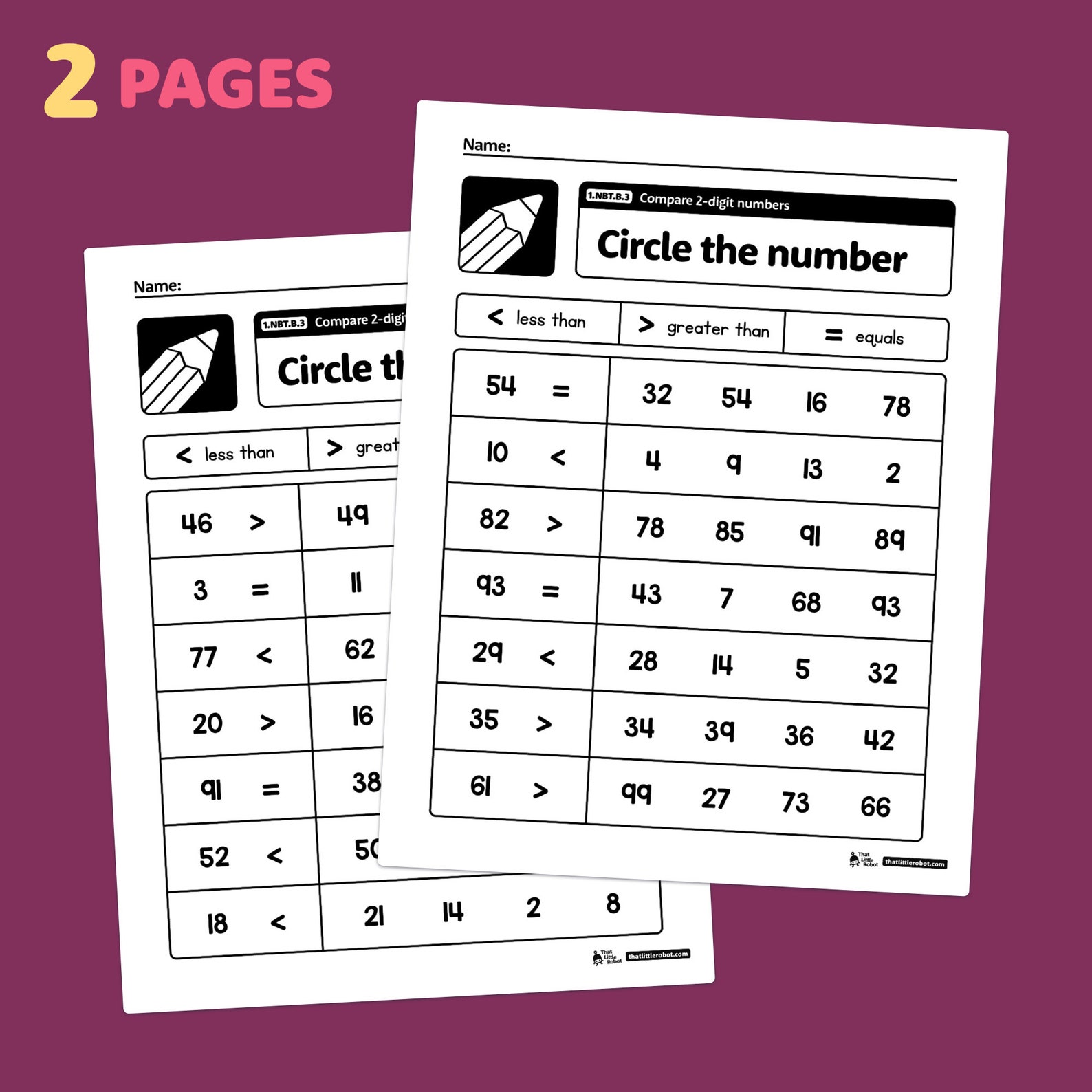 Compare 2 Digit Numbers Worksheets | 1st Grade Place Value Math ...