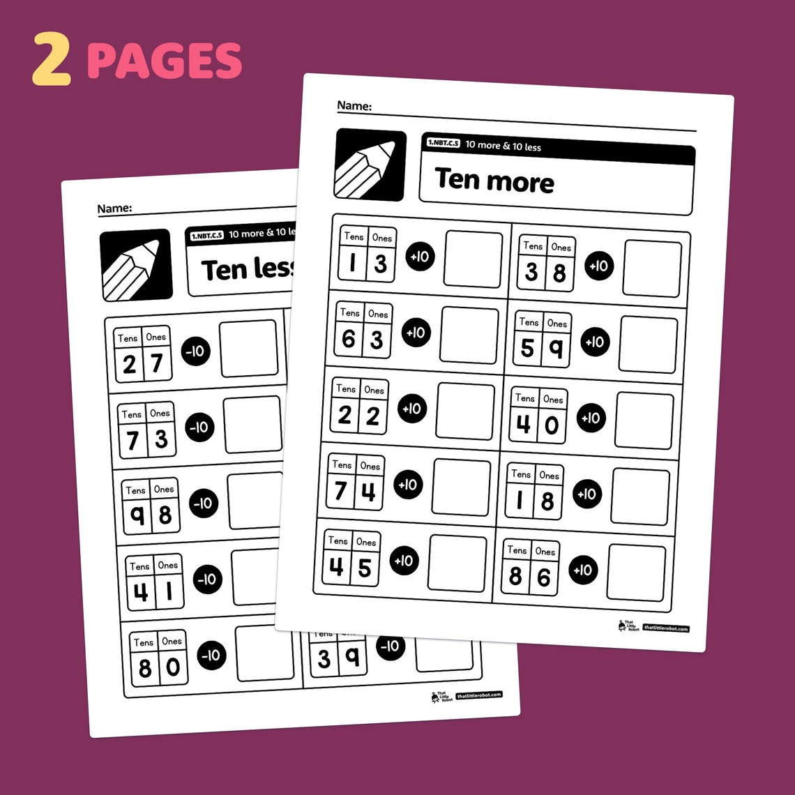 10 More and 10 Less Worksheets | 1st Grade Place Value Math, Mentally ...