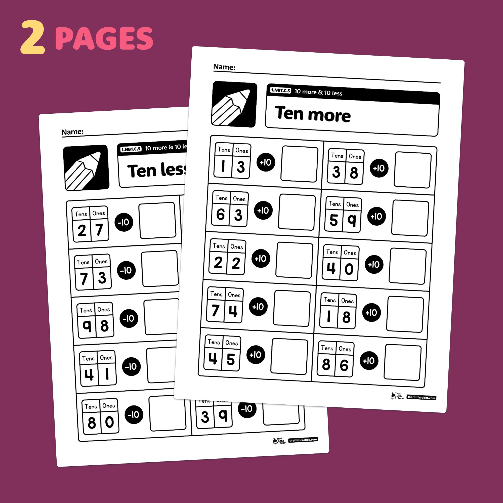 10 More and 10 Less Worksheets | 1st Grade Place Value Math, Mentally ...