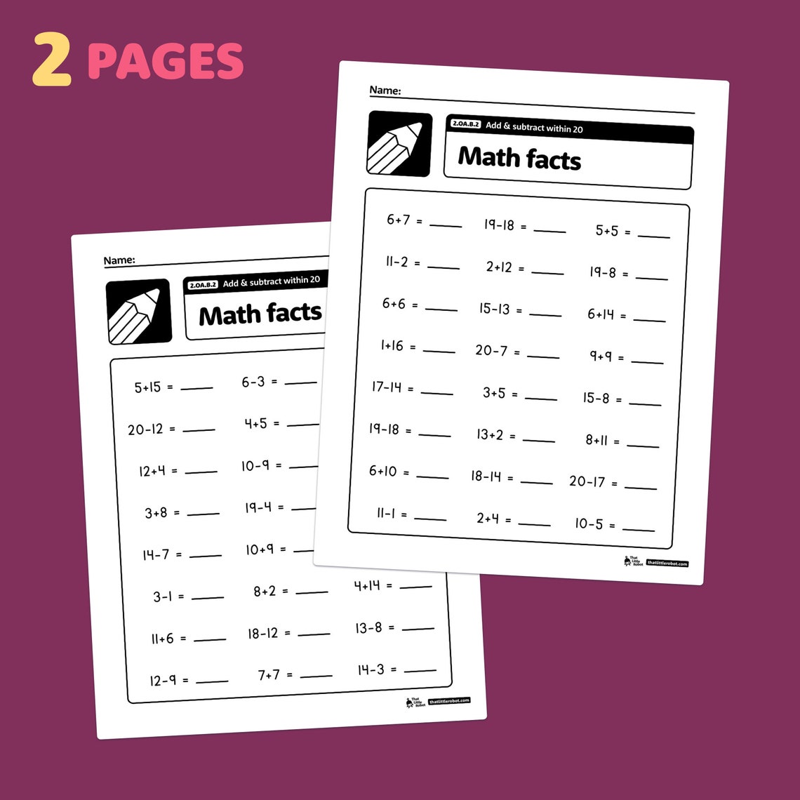 Addition & Subtraction Within 20 Worksheets | 2nd Grade Math Fluency ...