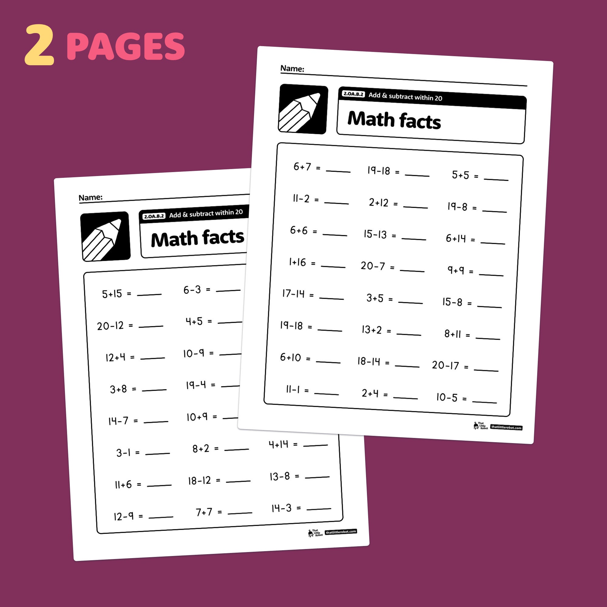 Addition & Subtraction Within 20 Worksheets | 2nd Grade Math Fluency ...