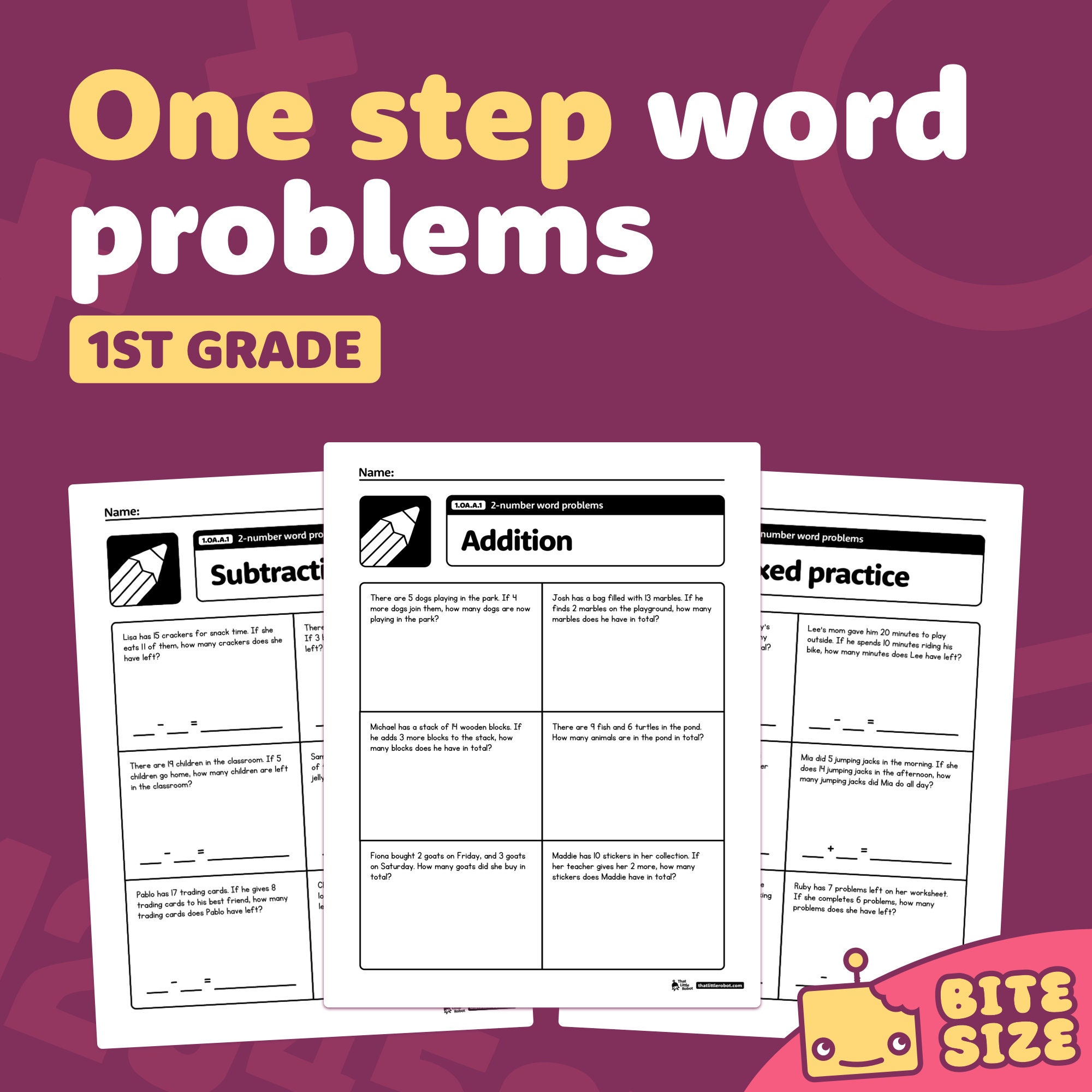 1st Grade One Step Word Problems Worksheets | 1.OA.A.1 Addition ...