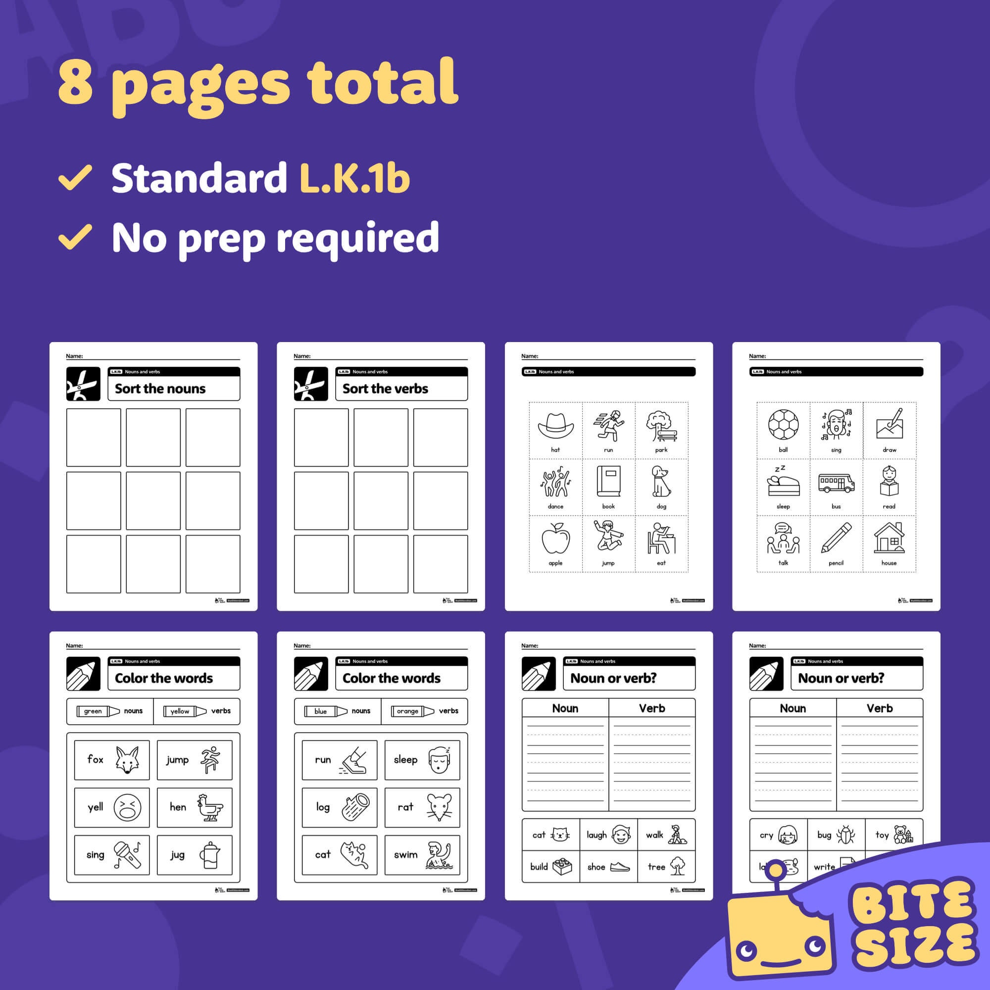 Nouns & Verbs Worksheets and Activities | Kindergarten ELA Language ...