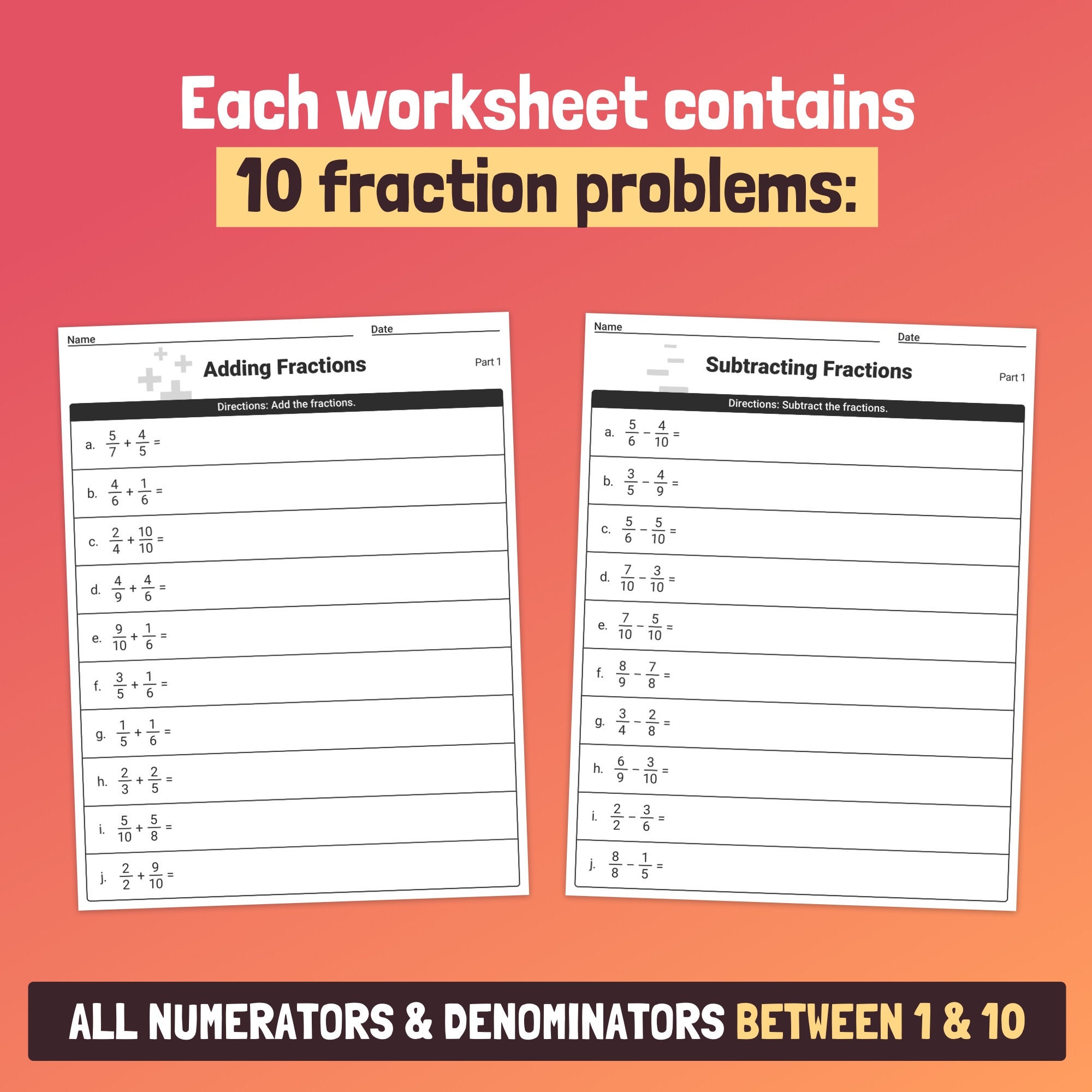 Adding & Subtracting Fractions Worksheets | Fraction Assessments — 4th ...