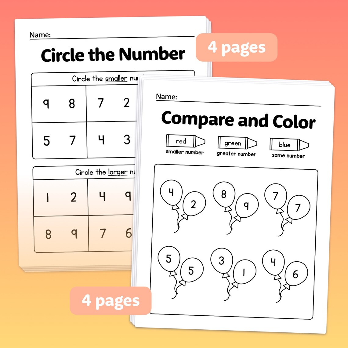 Comparing 1 Digit Numbers Worksheets Greater Than, Less Than, Equals ...