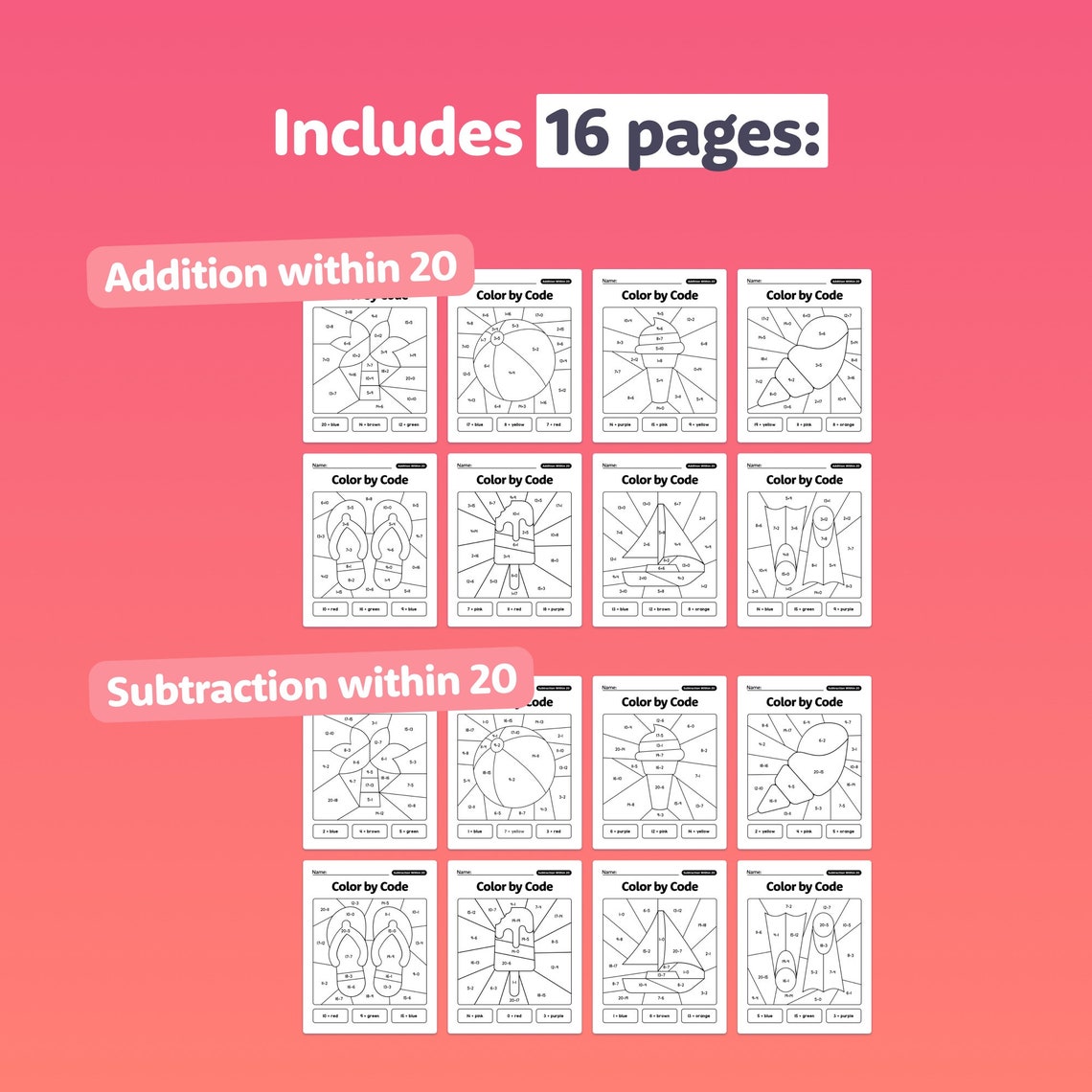 Summer Addition & Subtraction Coloring Pages | Kindergarten, 1st Grade ...