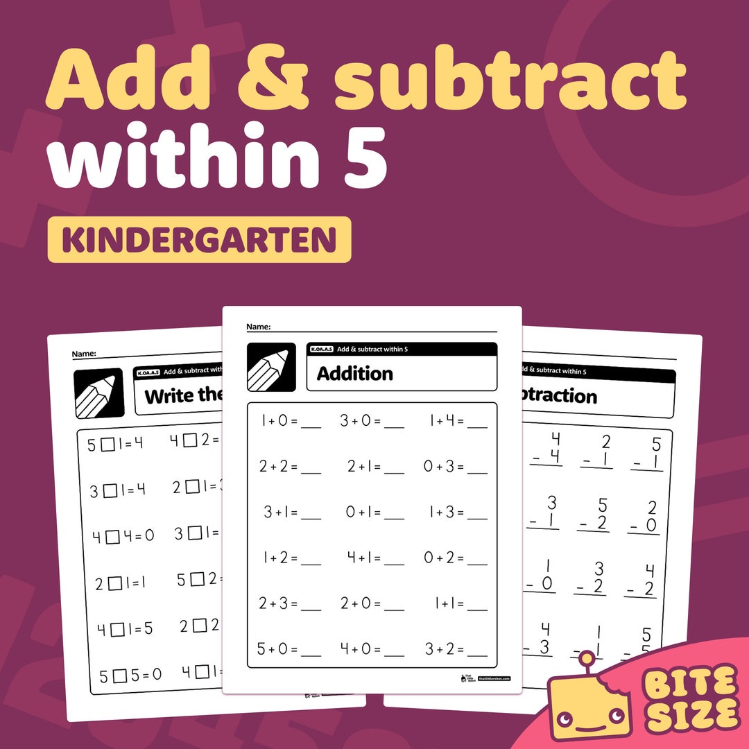 Add & Subtract Within 5 Worksheets | Kindergarten Math Centers, Mental ...