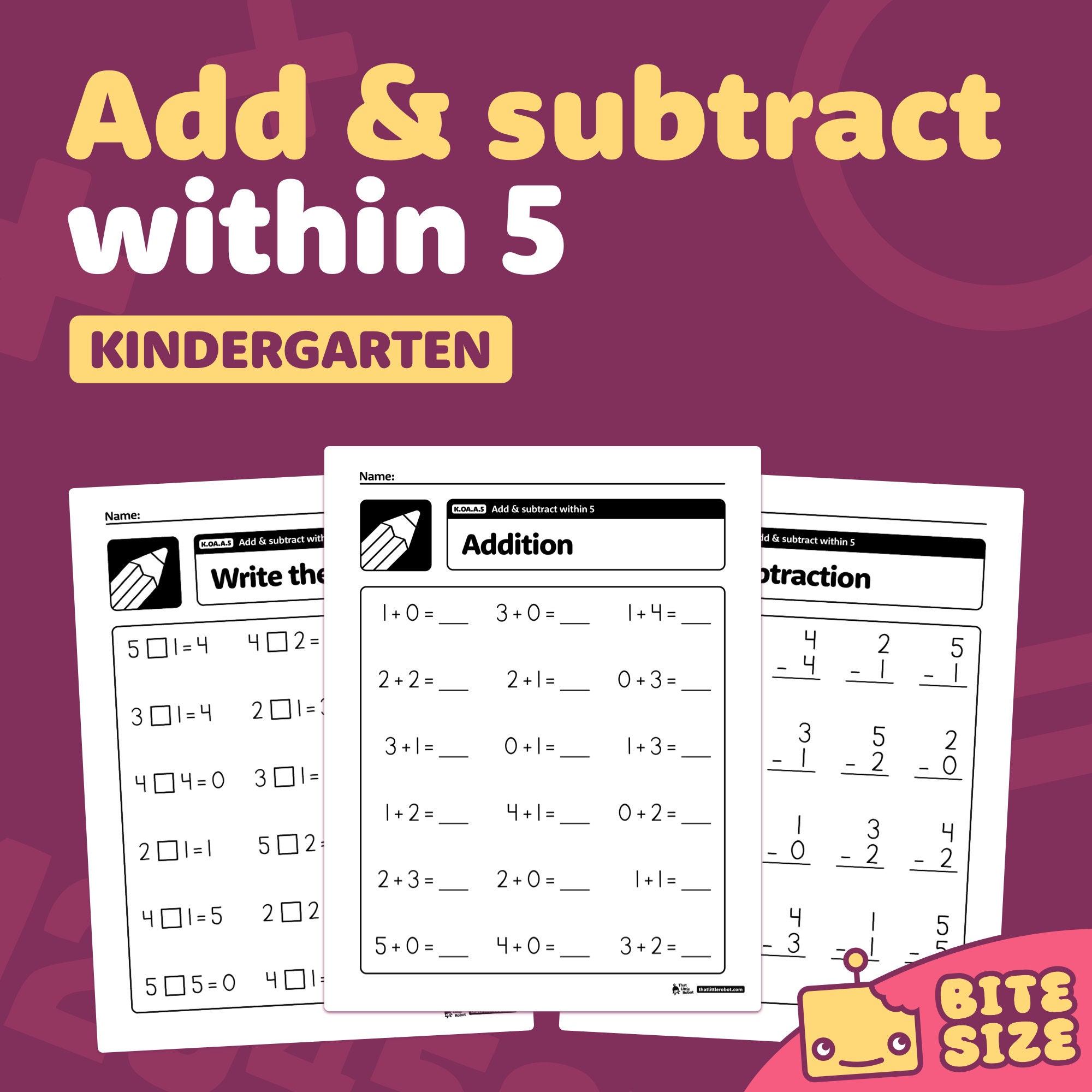 Add & Subtract Within 5 Worksheets | Kindergarten Math Centers, Mental ...