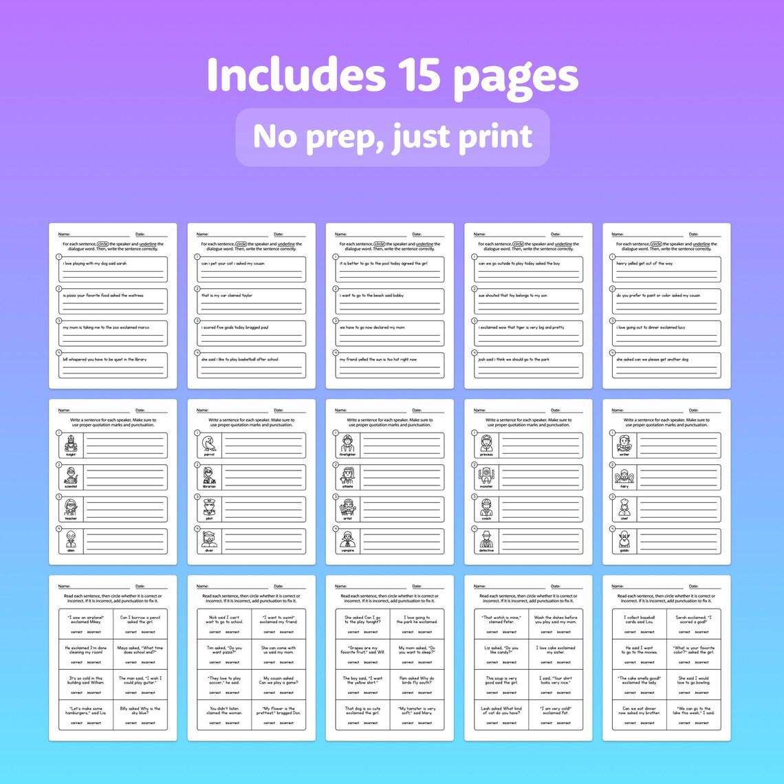 No Prep Quotation Marks Worksheets | Dialogue Worksheets | 3rd & 4th ...