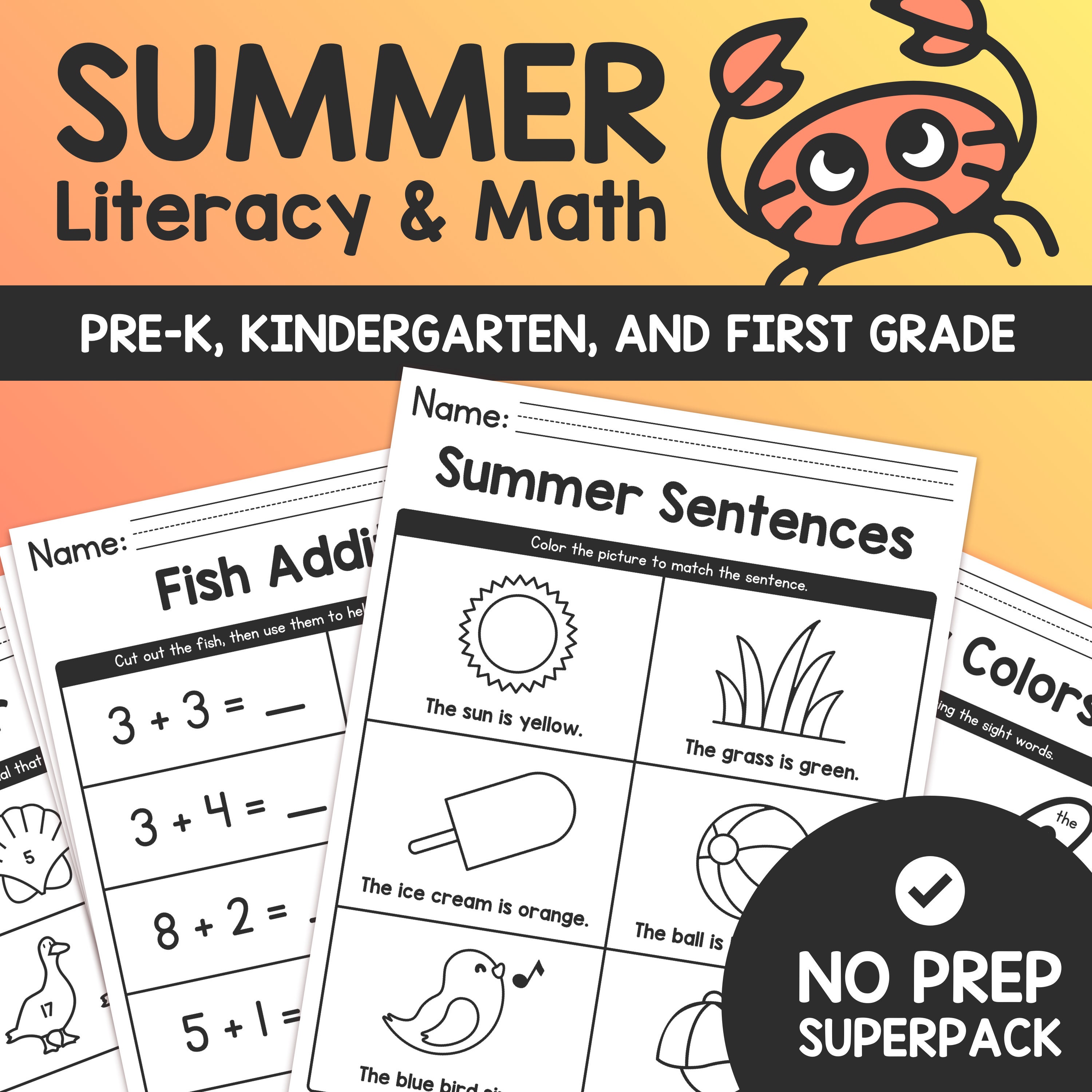 Summer Literacy & Math Worksheets | Pre K, Kinder, 1st Grade. Common ...