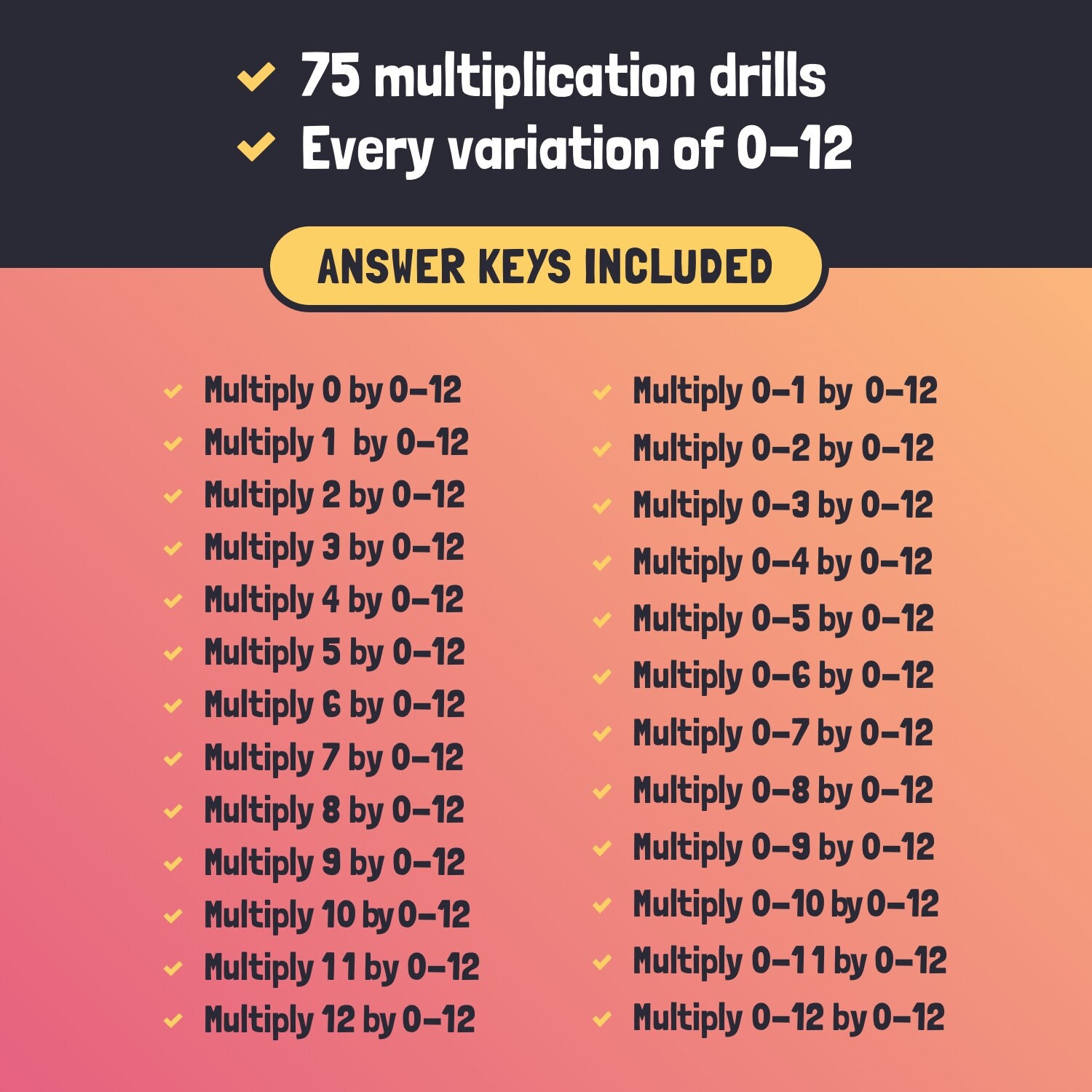 0-12 Timed Multiplication Drills | 2nd, 3rd, 4th Grade Times Tables ...