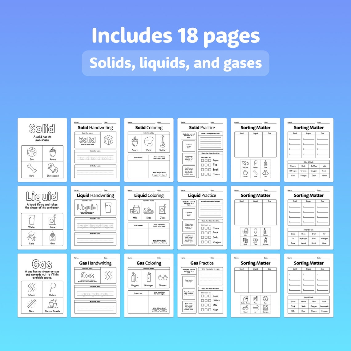 States of Matter Worksheets, States of Matter Anchor Charts: Solid ...