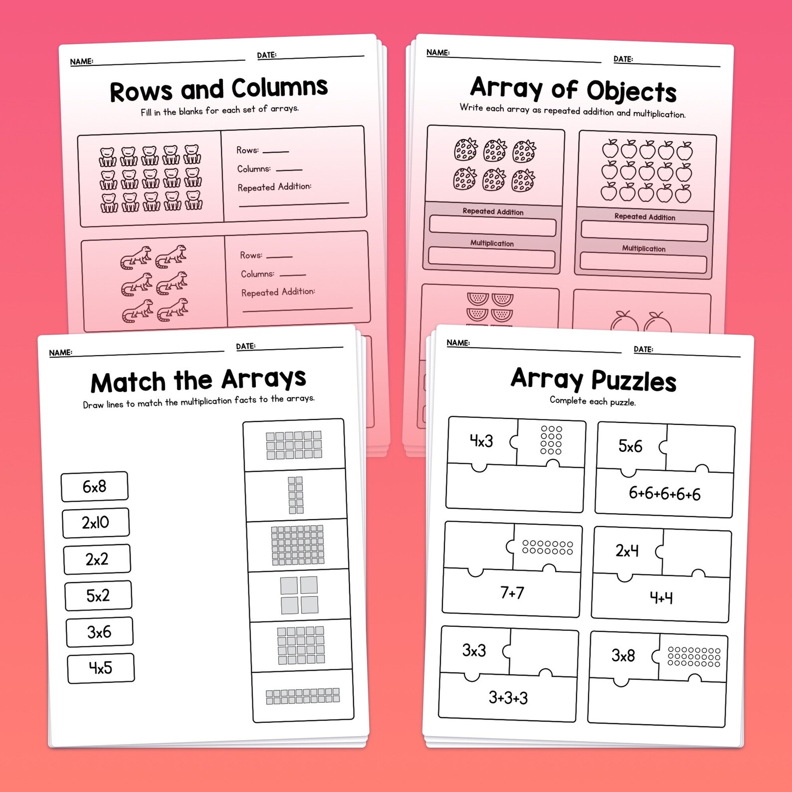 No Prep Arrays Worksheets | Multiplication and Repeated Addition ...