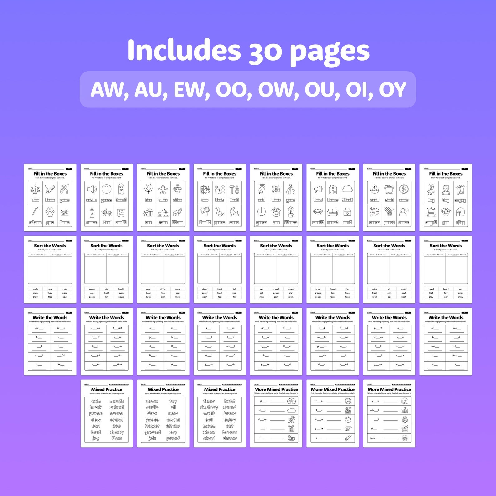 Diphthong Worksheets | No Prep 1st & 2nd Grade Diphthongs Activities ...