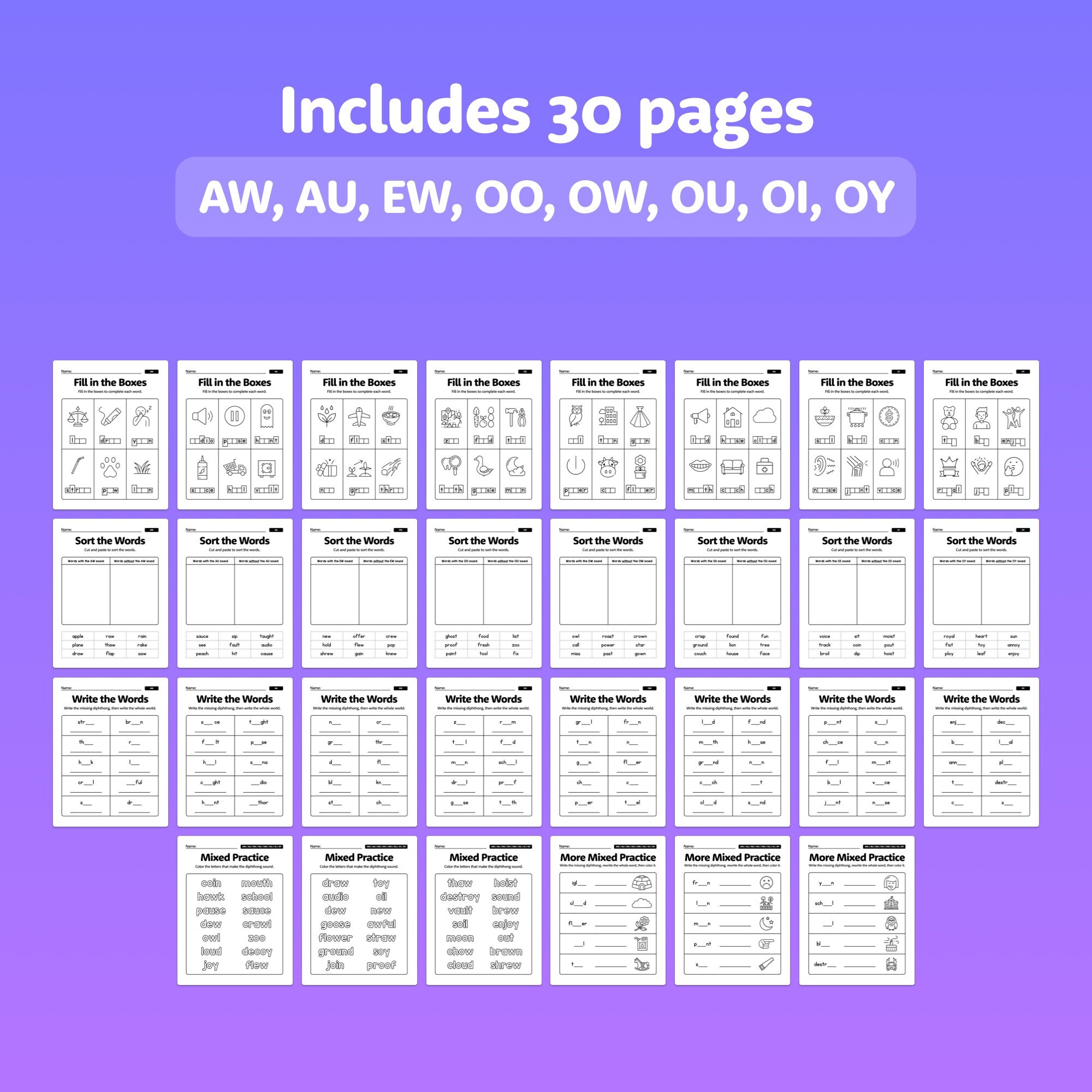 Diphthong Worksheets | No Prep 1st & 2nd Grade Diphthongs Activities ...