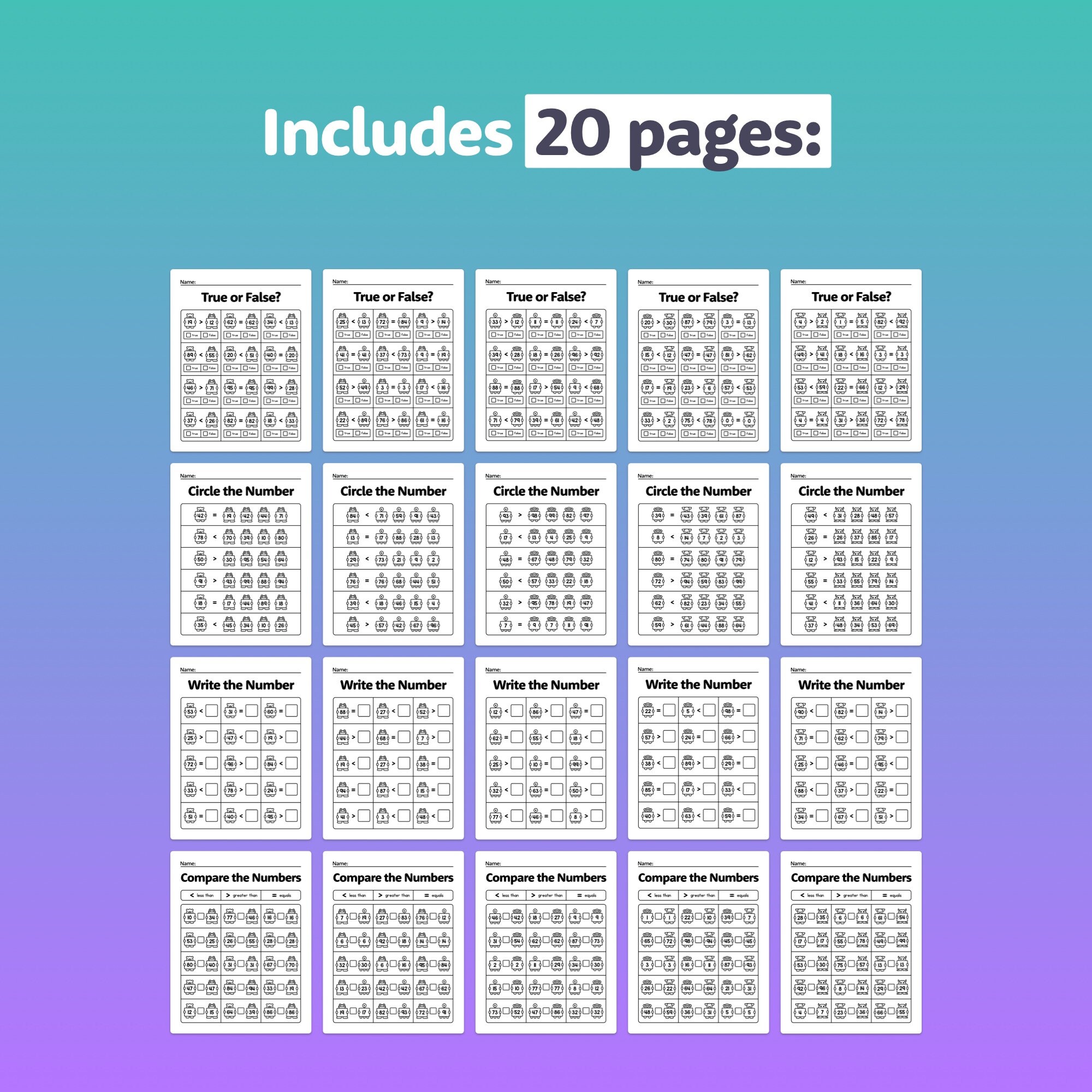 Comparing 2 Digit Numbers Worksheets | Greater Than, Less Than, & Equal ...