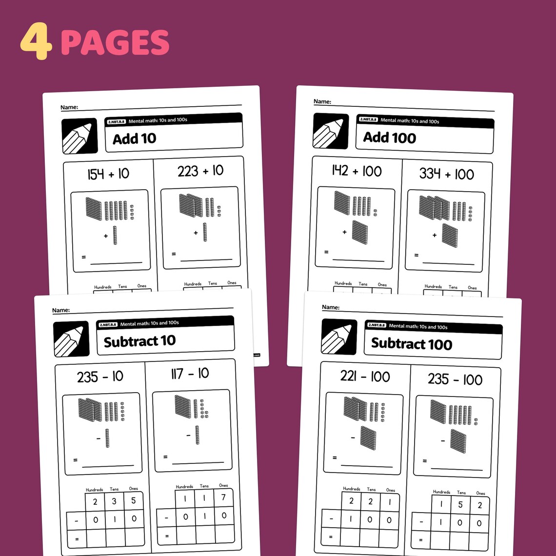 Mental Math, Add and Subtract 10 & 100 Worksheets | 2nd Grade Place ...