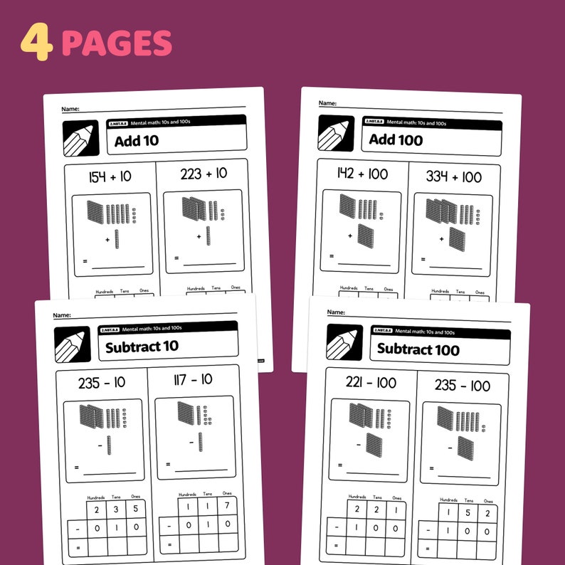 Mental Math, Add and Subtract 10 & 100 Worksheets | 2nd Grade Place ...