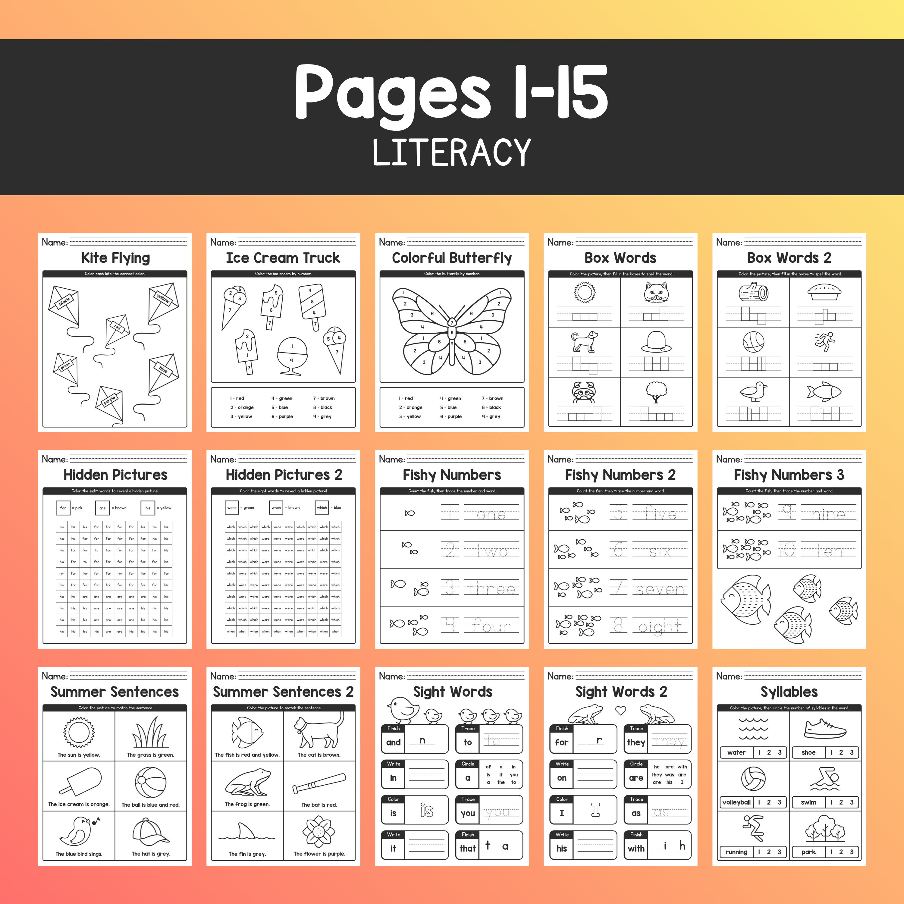 Summer Literacy & Math Worksheets | Pre K, Kinder, 1st Grade. Common ...