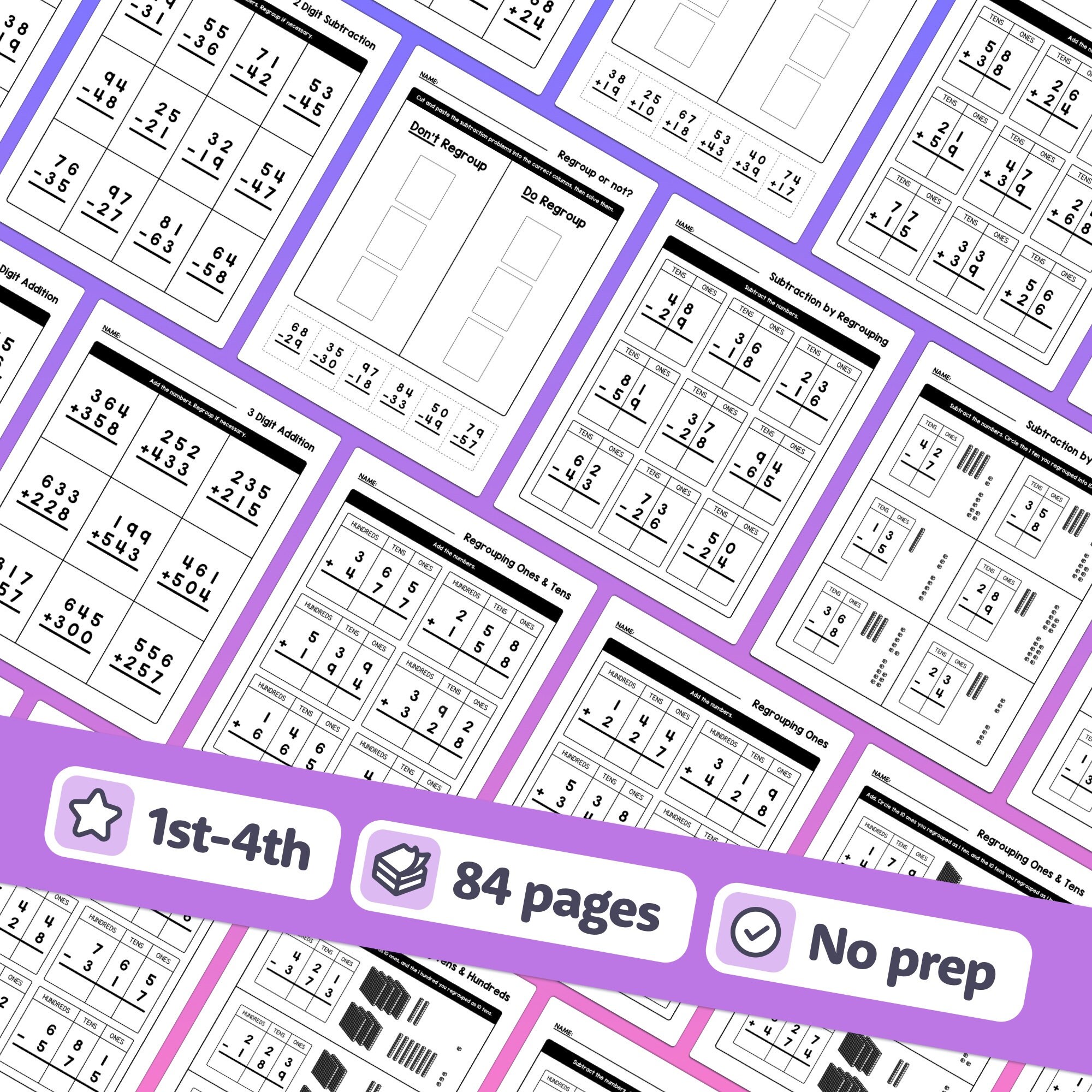 No Prep Addition With Regrouping & Subtraction With Regrouping Bundle ...