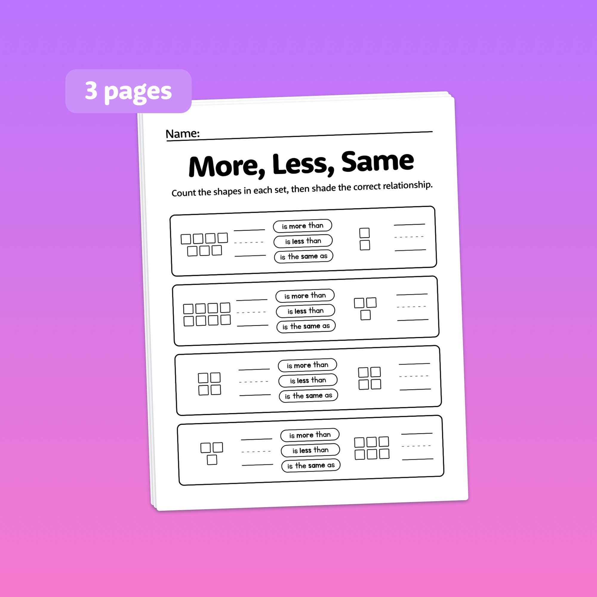 Kindergarten Comparing Numbers Worksheets More Less Same / Greater ...