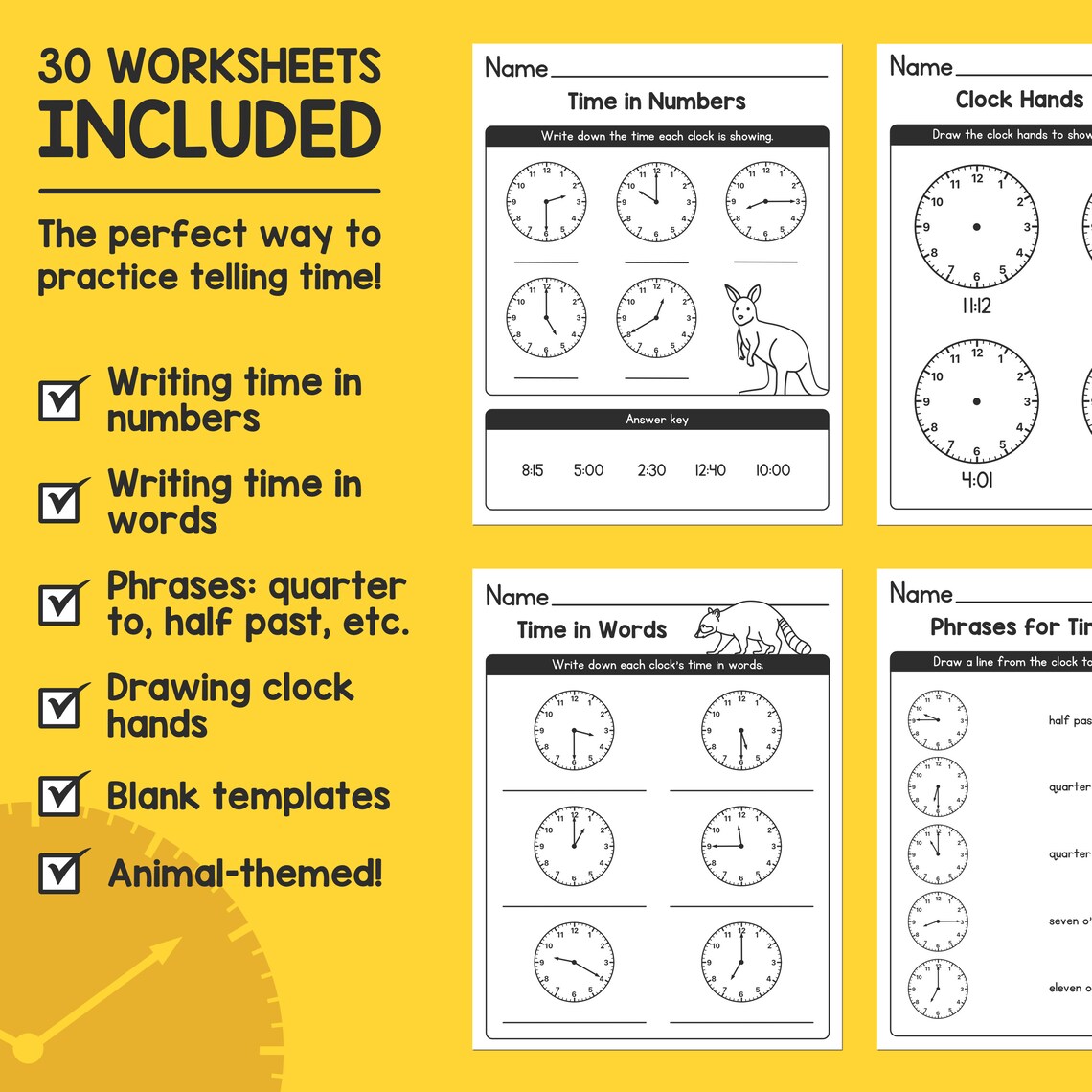 Analog Clocks Worksheets Kinder 1st 2nd 3rd Grade / - Etsy