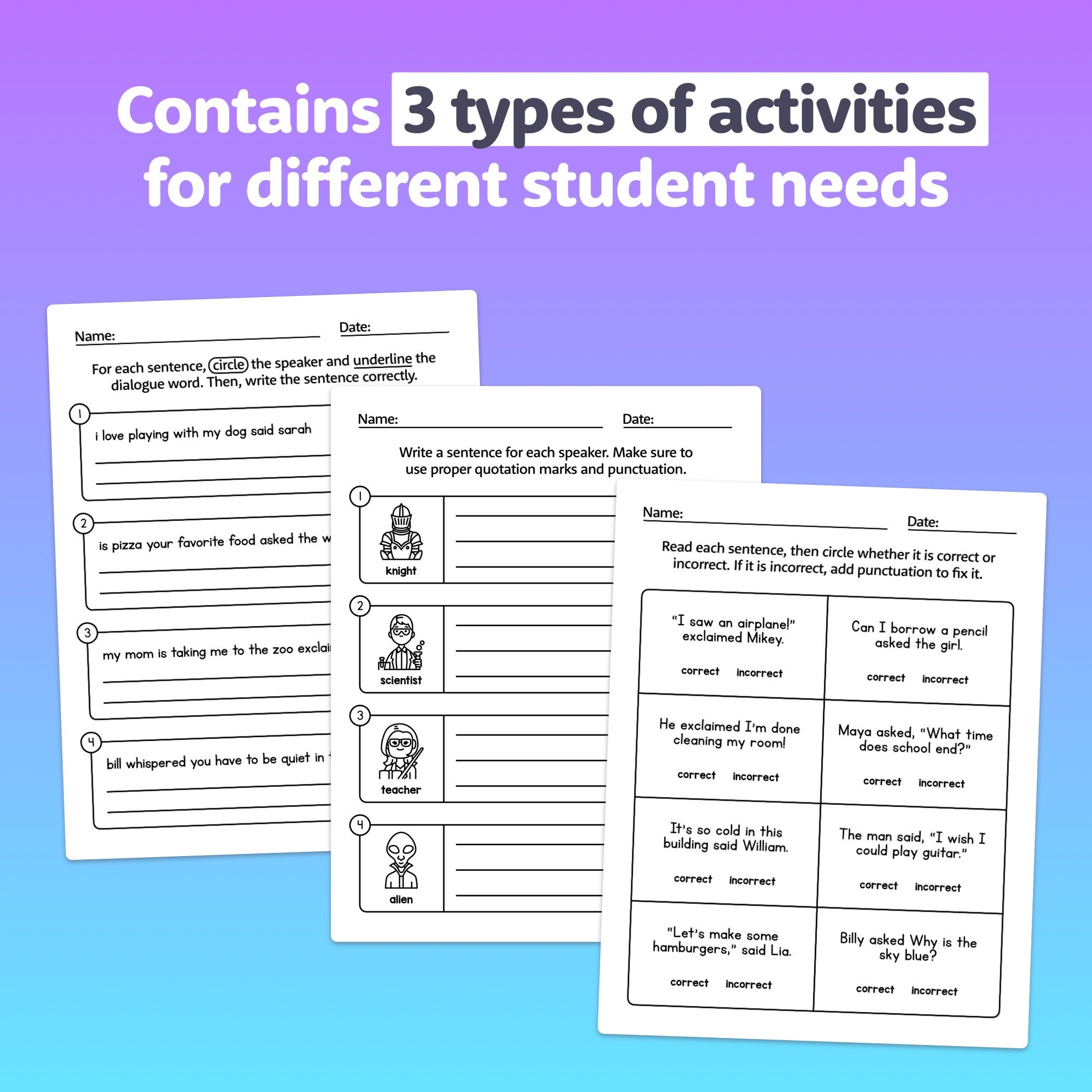 No Prep Quotation Marks Worksheets | Dialogue Worksheets | 3rd & 4th ...