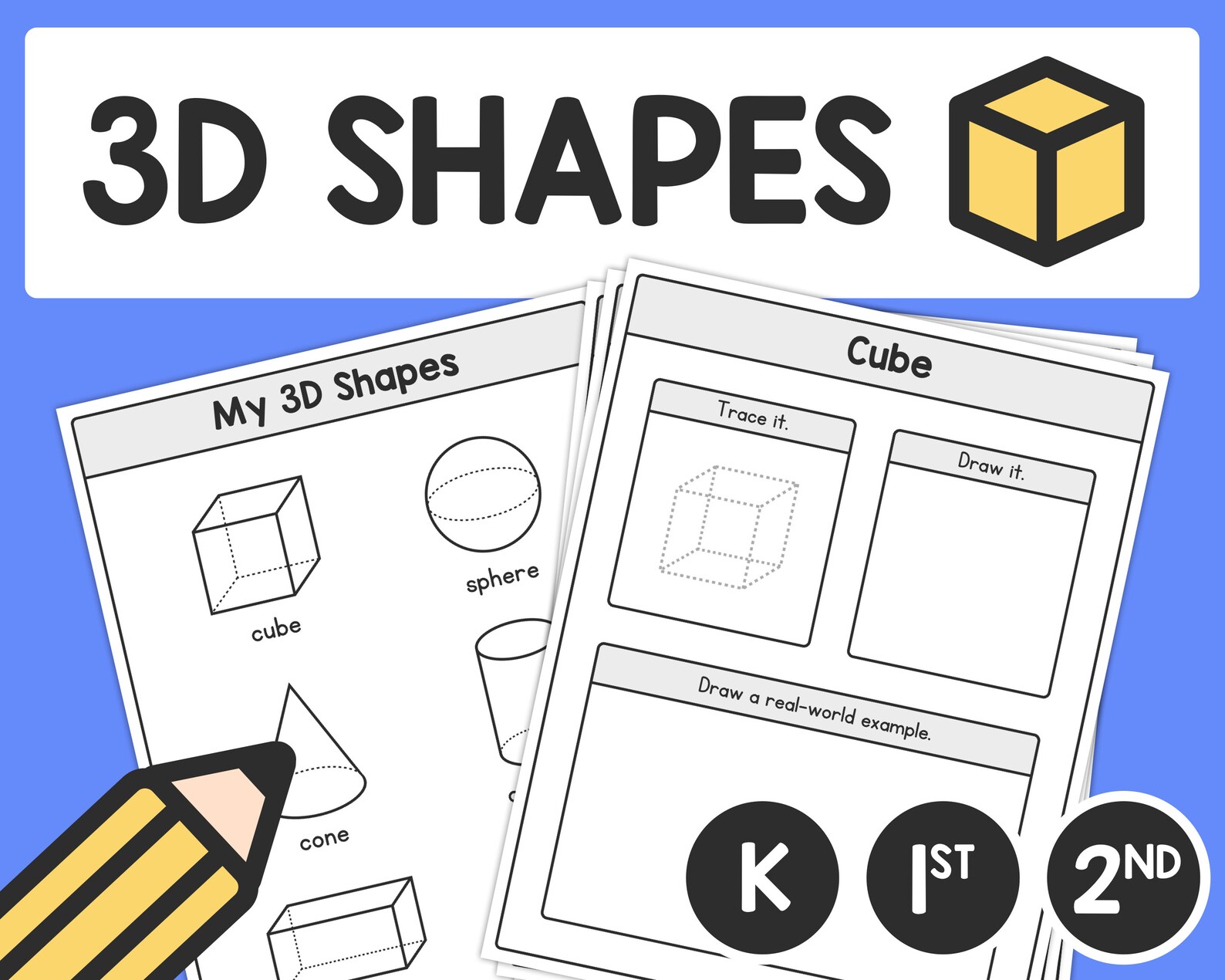 3D Shapes Worksheets Kindergarten 1st 2nd Grade Math / | Etsy