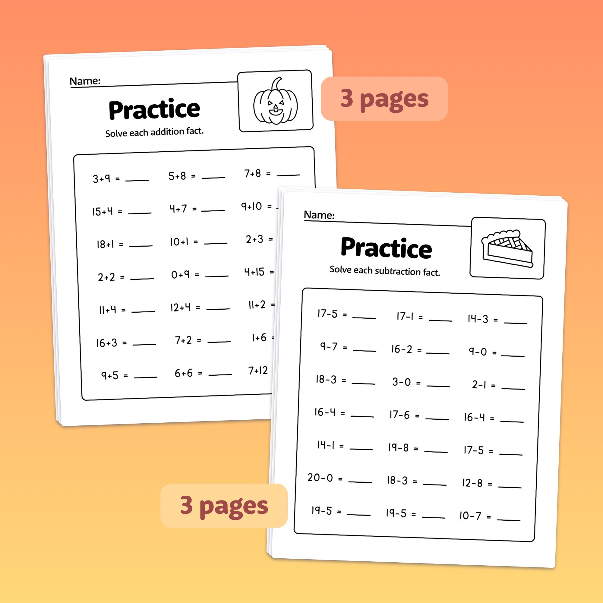 Autumn Addition & Subtraction Within 20 Worksheets | Kindergarten + 1st ...
