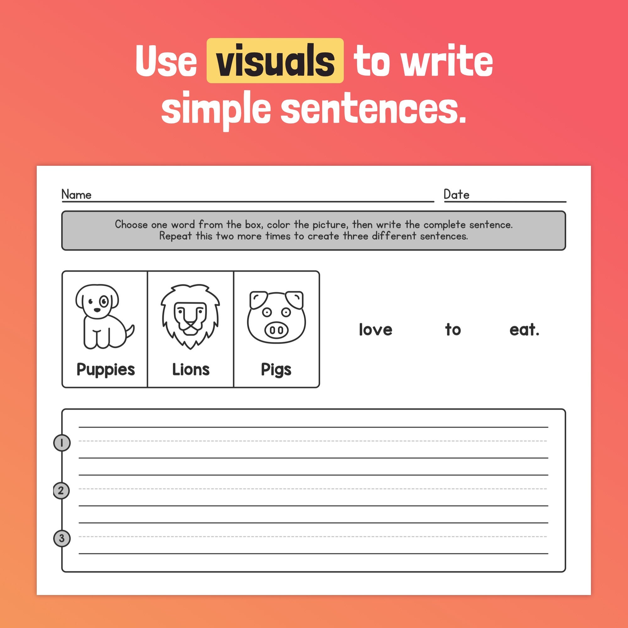Sentence Writing Activity | K, 1st, & 2nd Grade Learn Nouns and Verbs ...