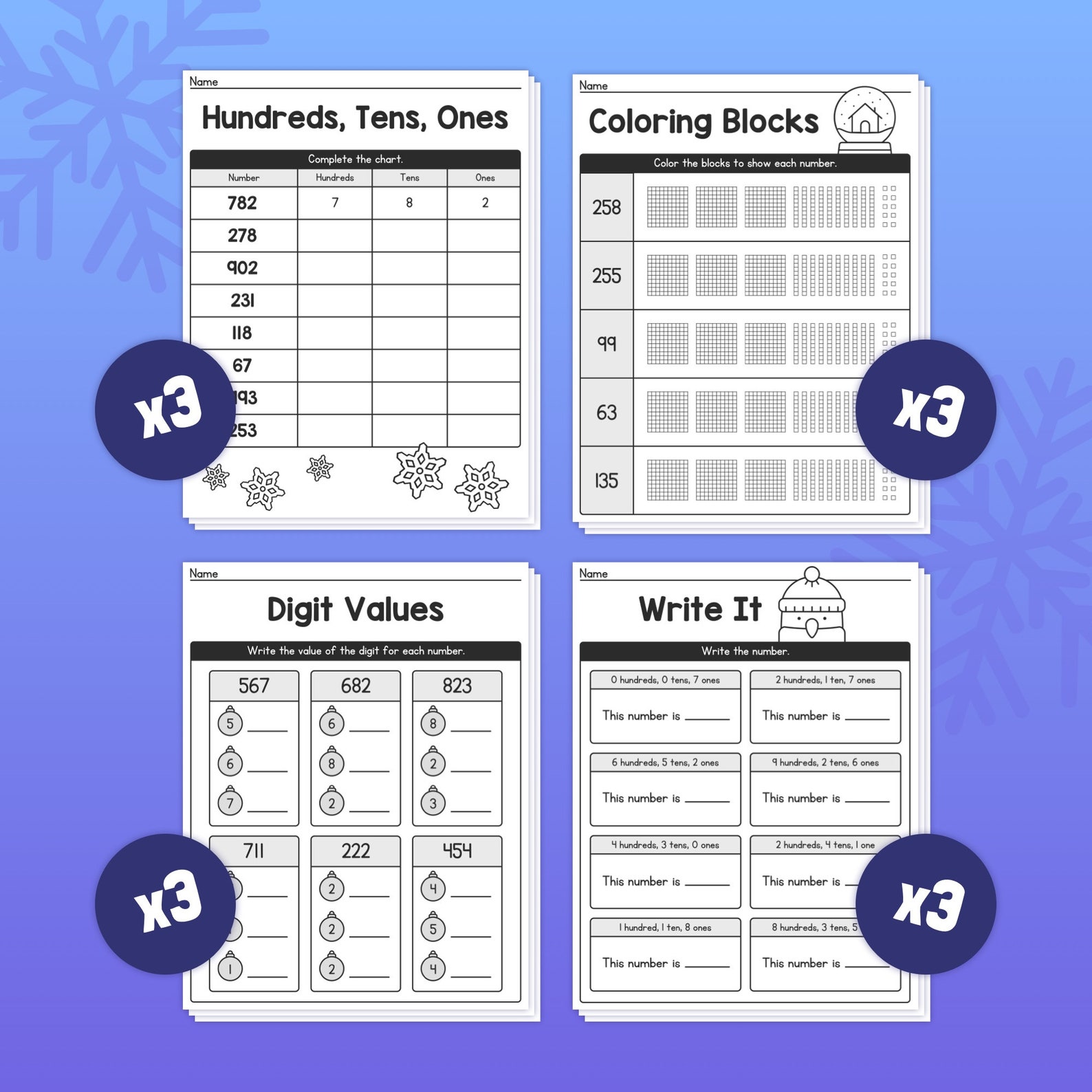 Winter Place Value Worksheets | Hundreds, Tens, Ones — 1st, 2nd, 3rd ...