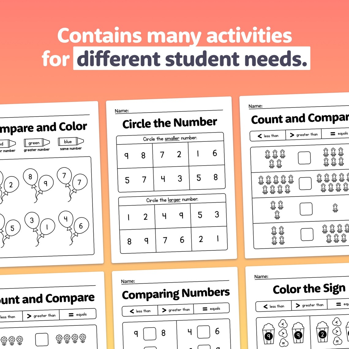 Comparing 1 Digit Numbers Worksheets | Greater Than, Less Than, Equals ...