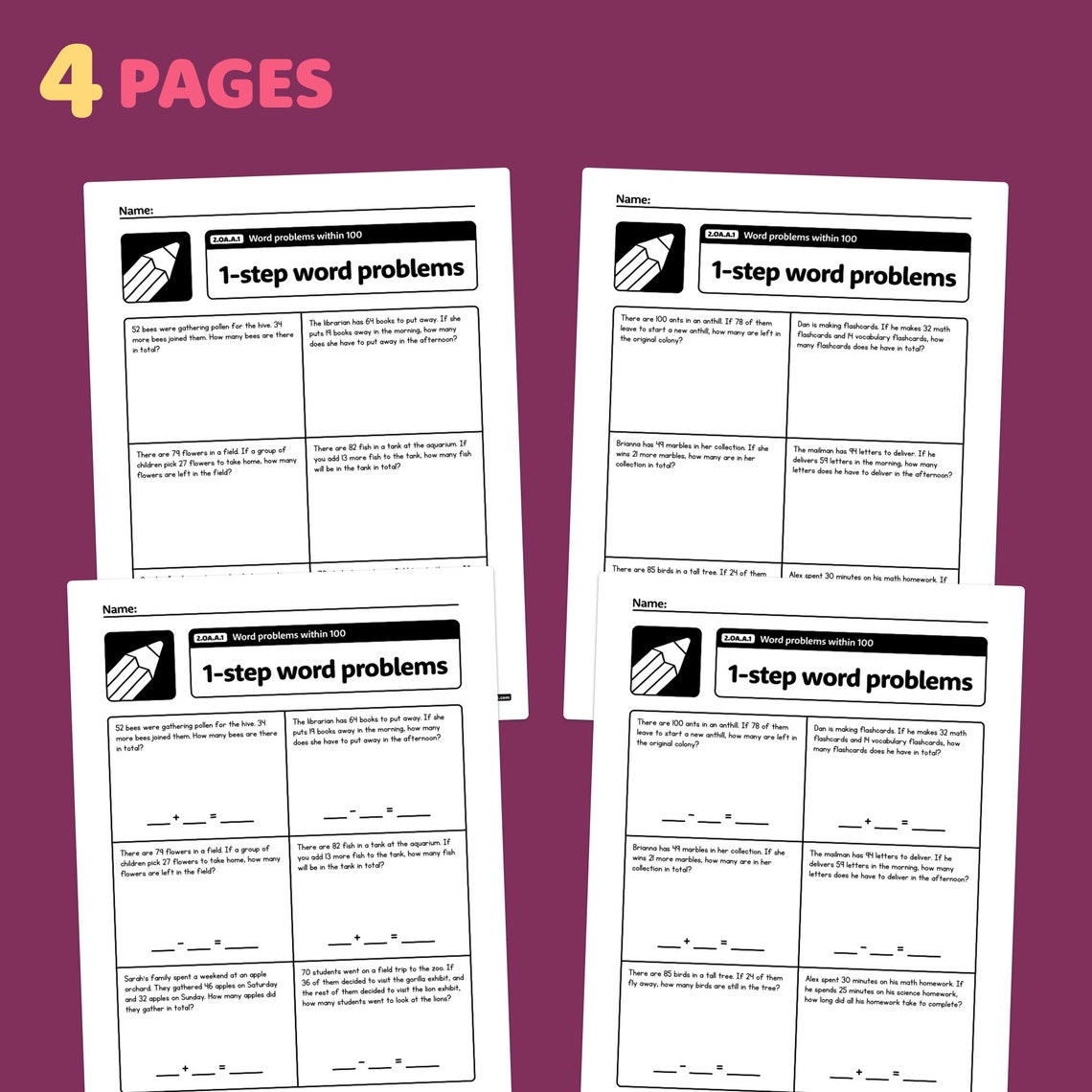 Addition & Subtraction Word Problems Within 100 Worksheets | 2nd Grade ...