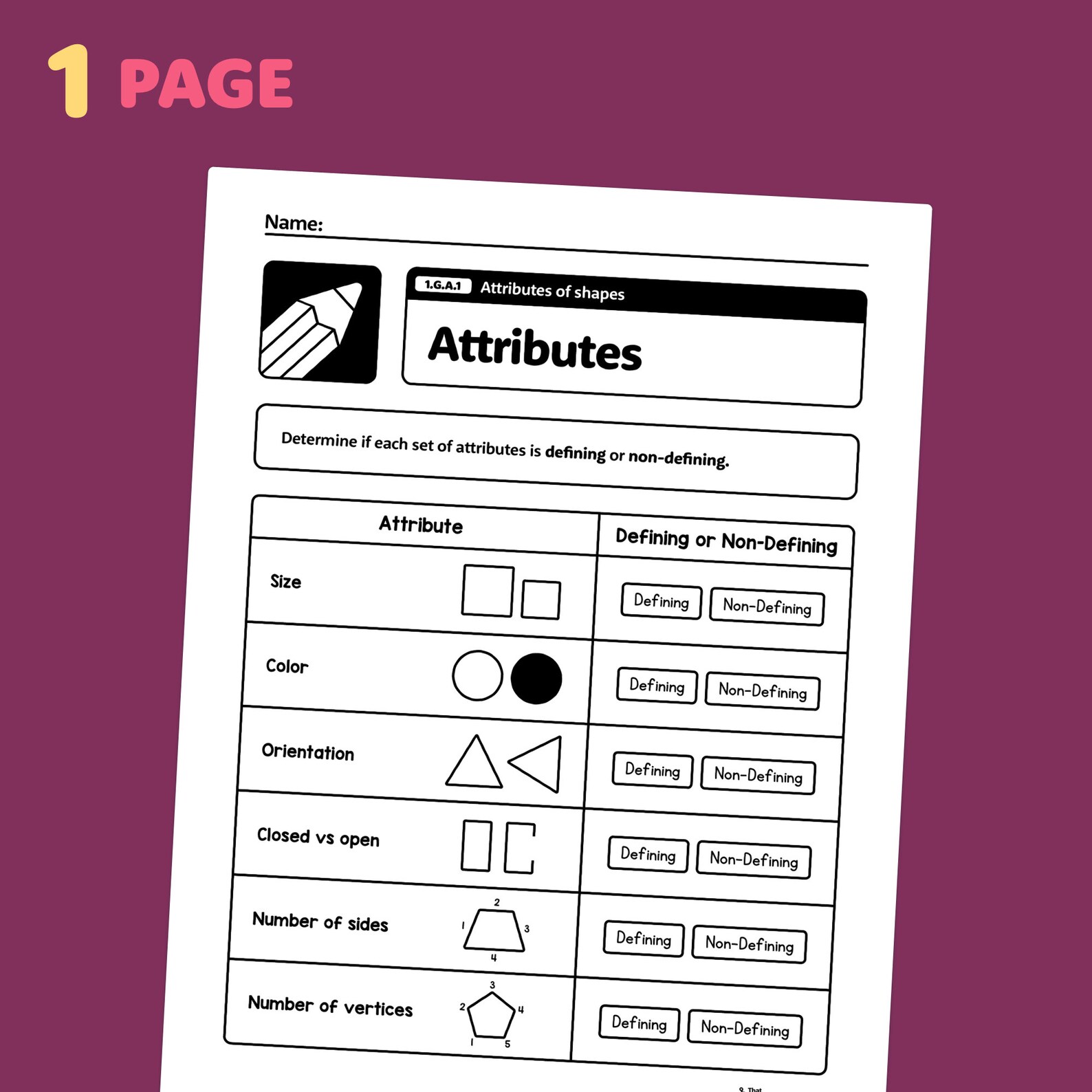 Defining & Non-defining Attributes of Shapes Worksheets | 1st Grade ...