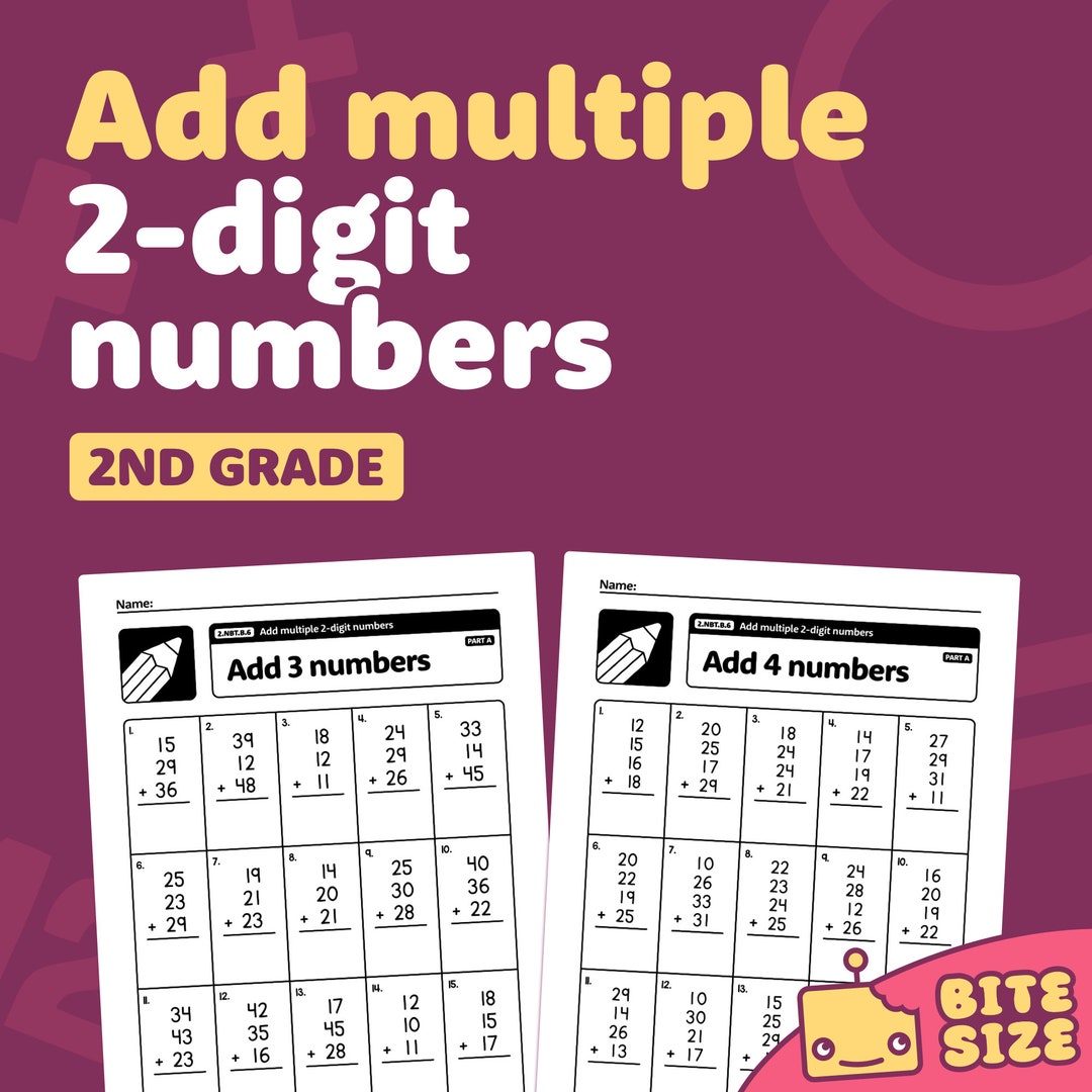 Add Multiple 2 Digit Numbers Worksheets | 2nd Grade Place Value and ...