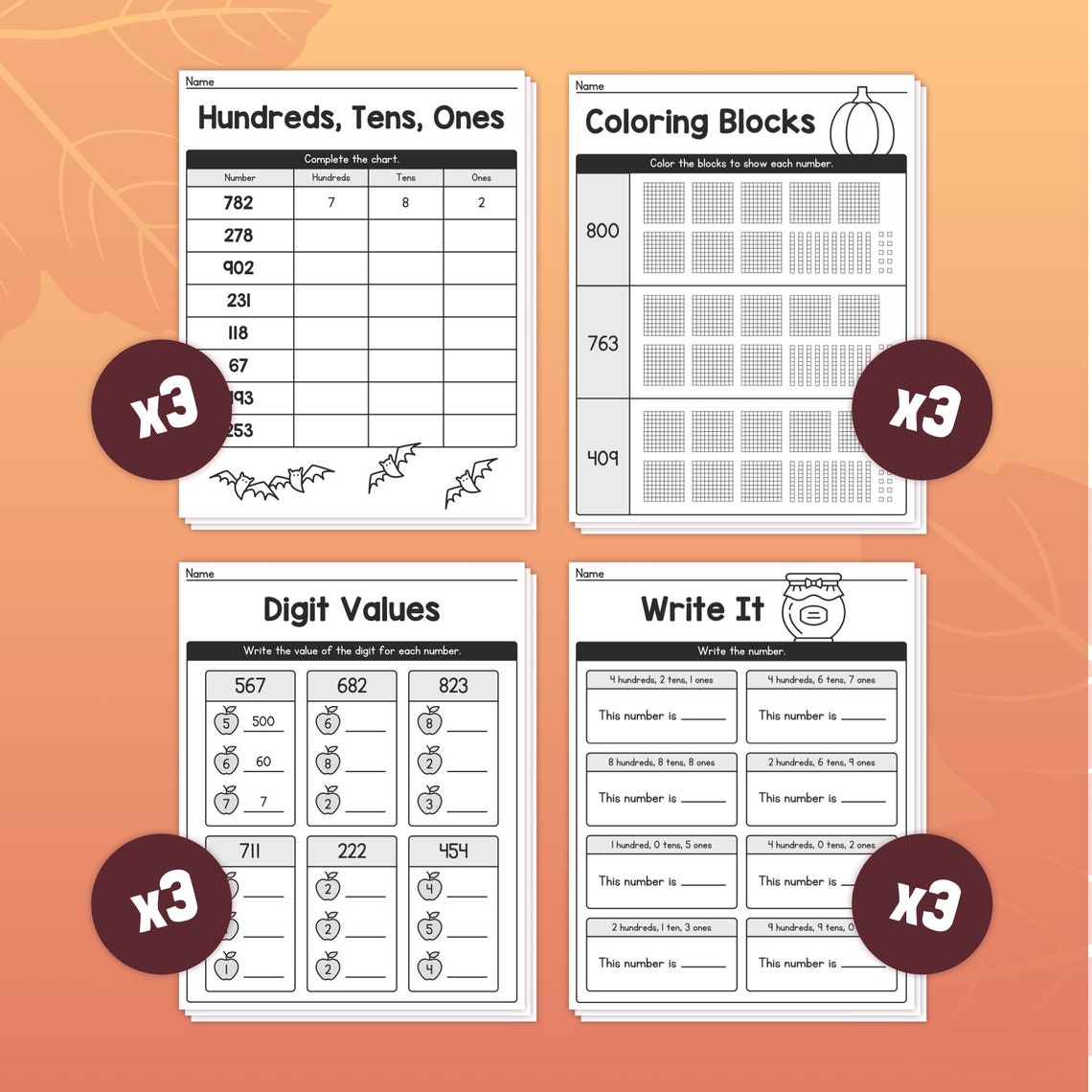 Fall Place Value Worksheets 1st 2nd 3rd Grade Hundreds - Etsy