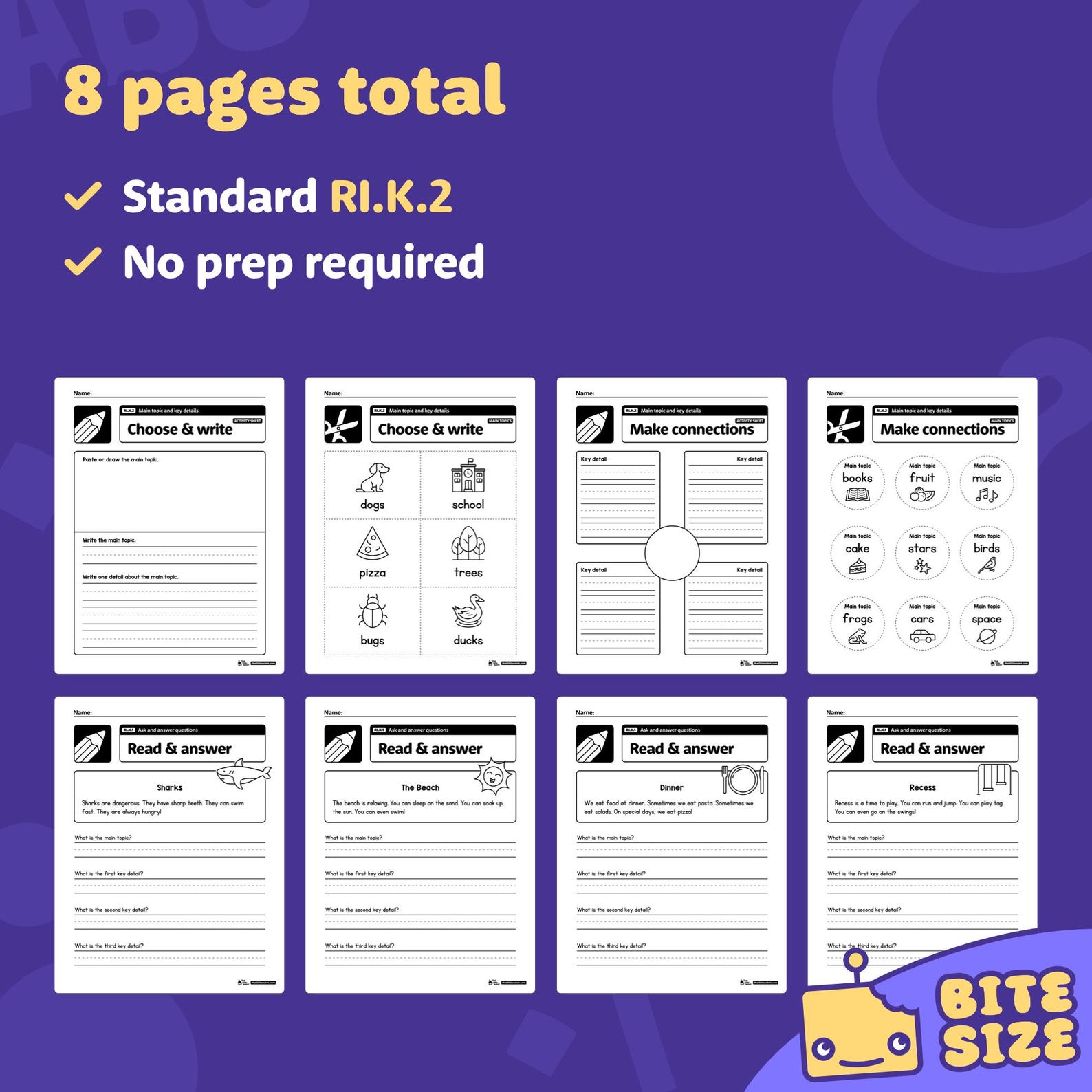 Main Topic and Key Details Worksheets | Kindergarten Reading ...