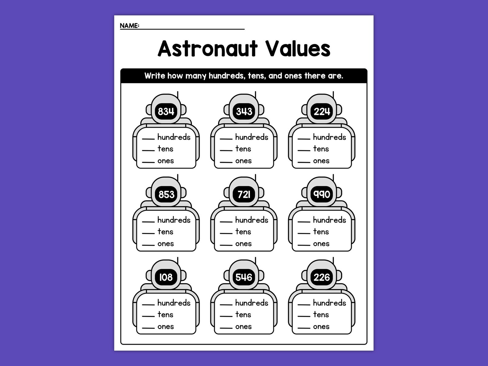 Place Value Worksheets | Space Place Value Activities — Hundreds, Tens ...