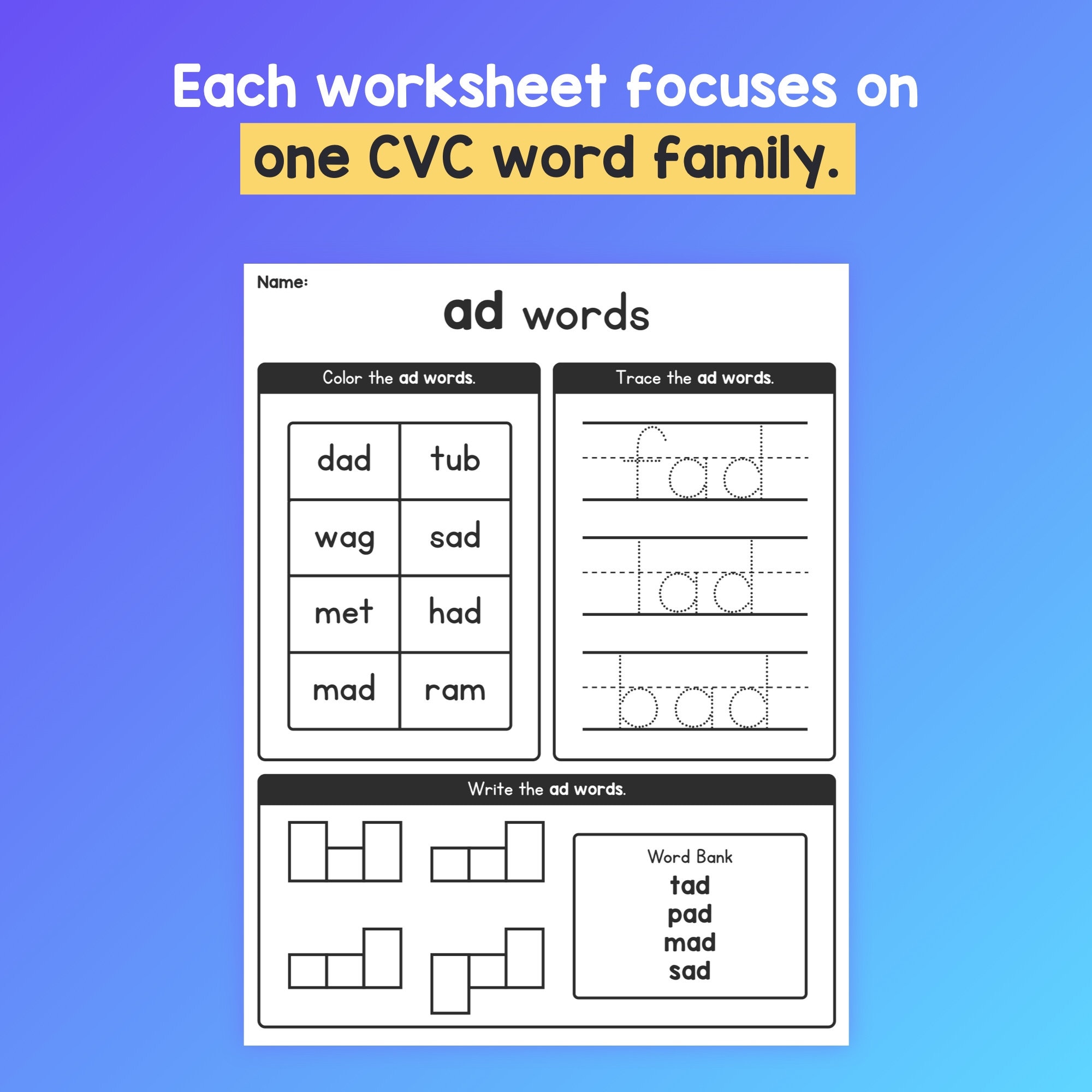 CVC Words Worksheets | No Prep CVC Word Family Activities ...