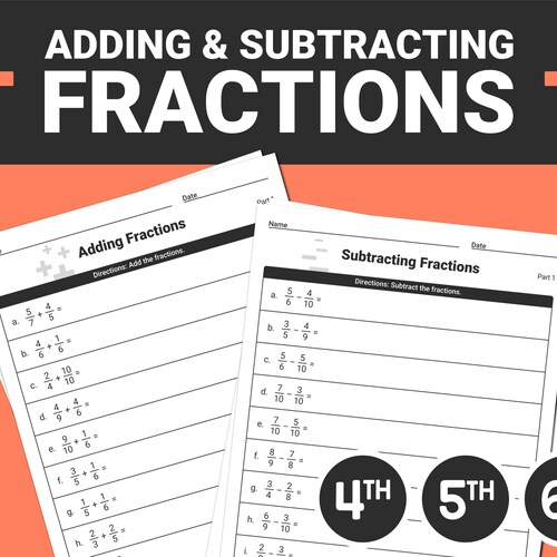 Adding & Subtracting Fractions Worksheets 4th 5th 6th - Etsy