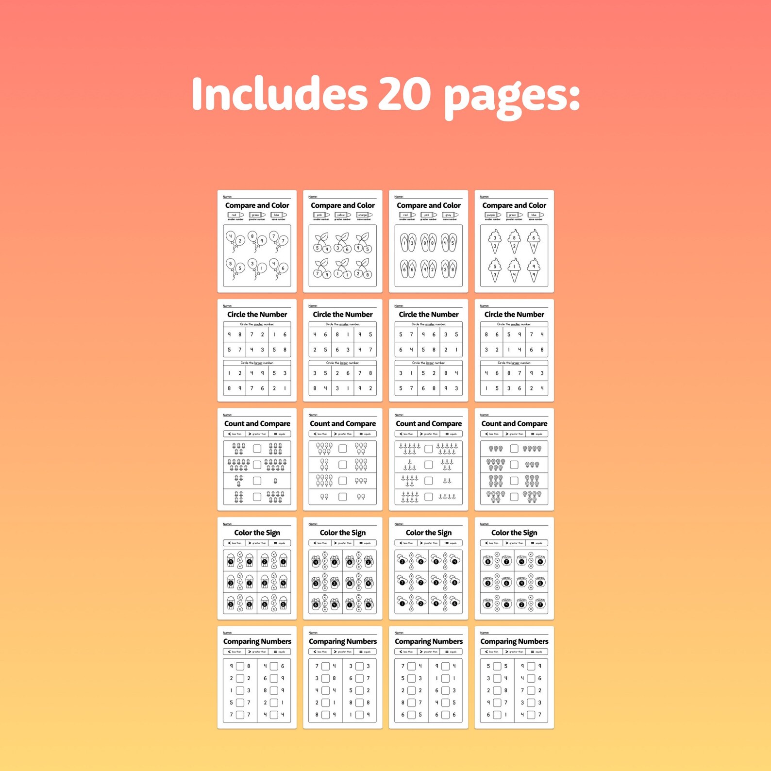 Comparing 1 Digit Numbers Worksheets | Greater Than, Less Than, Equals ...