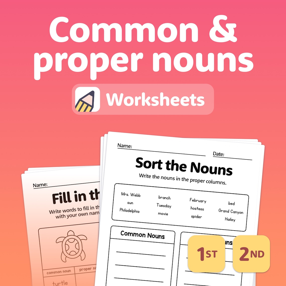 Common and Proper Nouns Worksheets 1st & 2nd Grade Grammar Activities ...