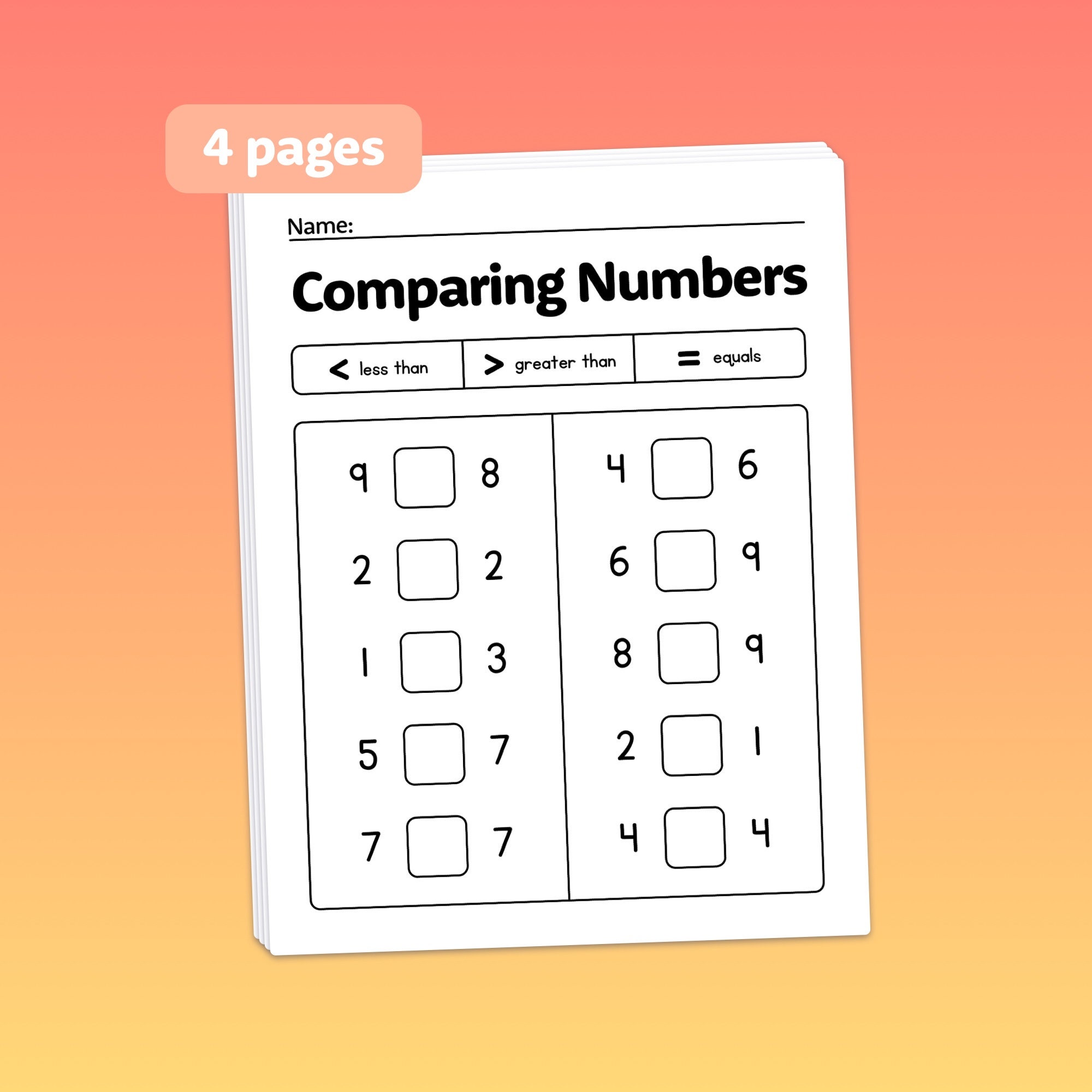 Comparing 1 Digit Numbers Worksheets | Greater Than, Less Than, Equals ...